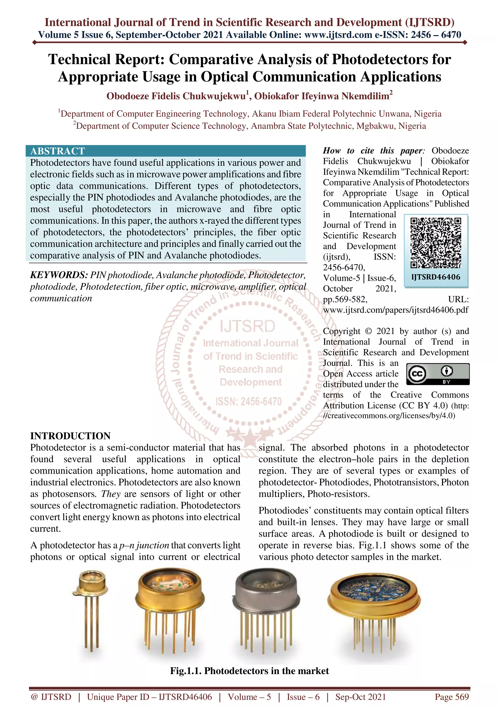 Technical Report Comparative Analysis of Photodetectors for Appropriate ...