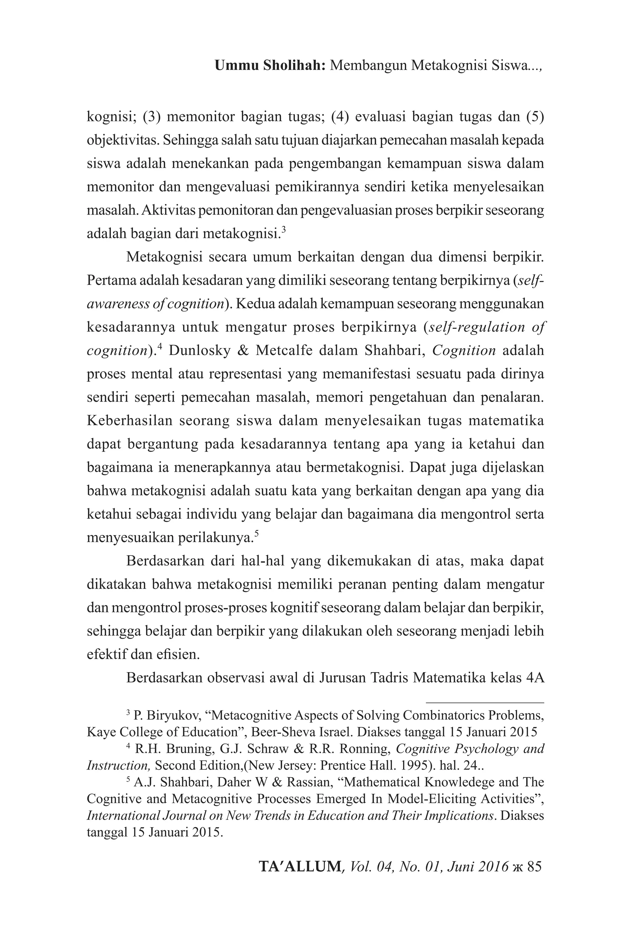 MEMBANGUN METAKOGNISI SISWA DALAM MEMECAHKAN MASALAH MATEMATIKA | PDF