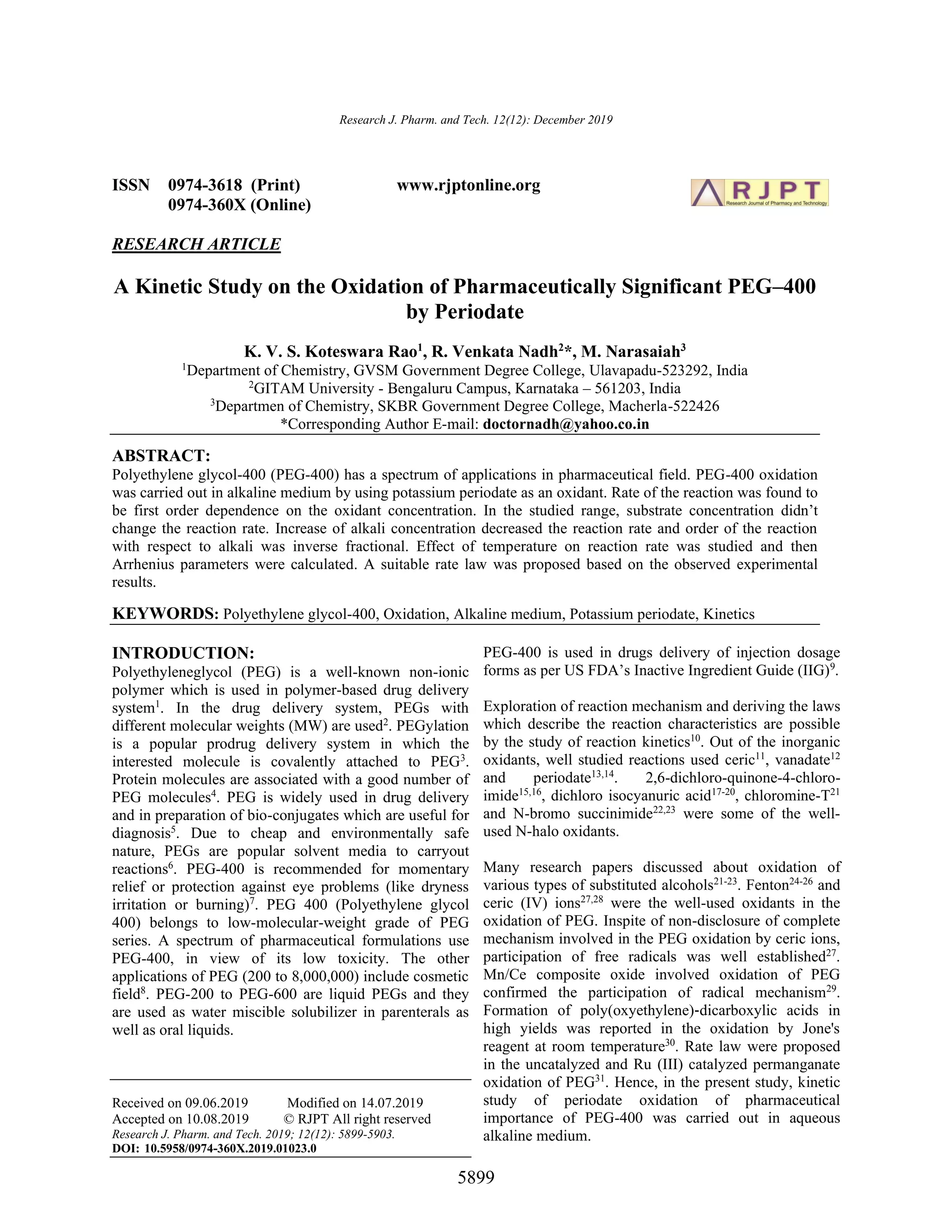 A Kinetic Study on the Oxidation of Pharmaceutically Significant PEG ...