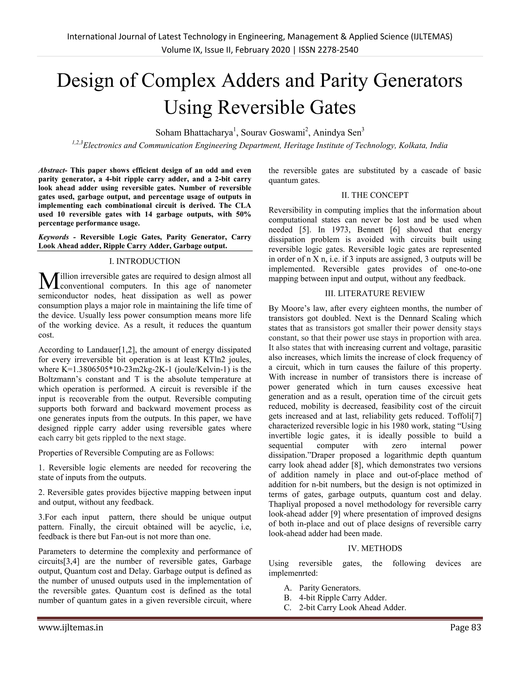 Design of Complex Adders and Parity Generators Using Reversible Gates | PDF