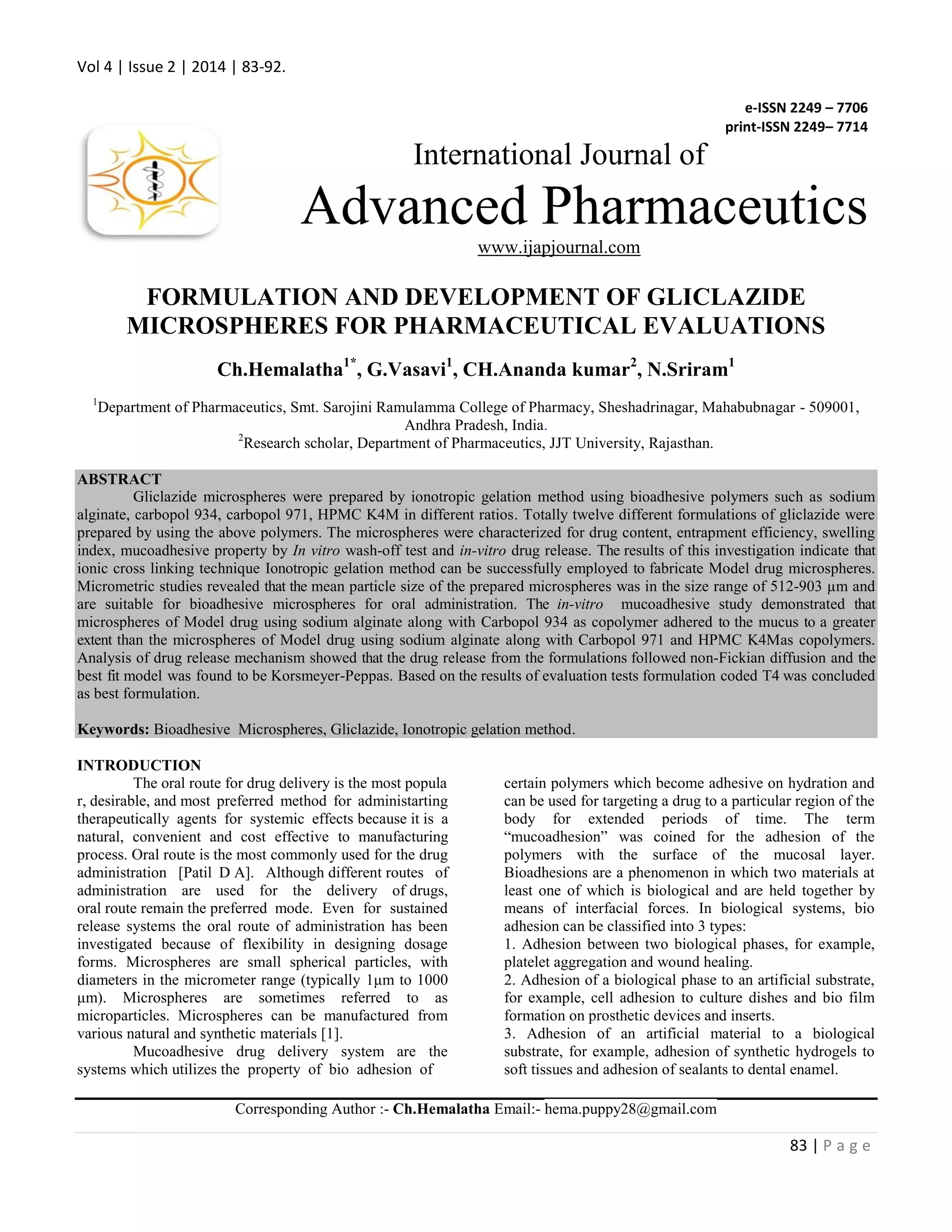 FORMULATION AND DEVELOPMENT OF GLICLAZIDE MICROSPHERES FOR ...