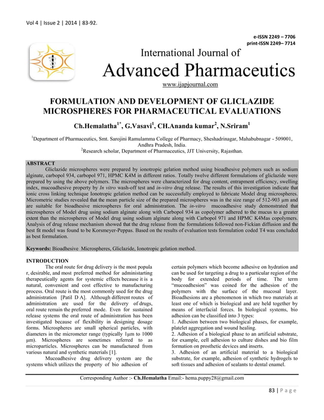 FORMULATION AND DEVELOPMENT OF GLICLAZIDE MICROSPHERES FOR PHARMACEUTICAL EVALUATIONS | PDF