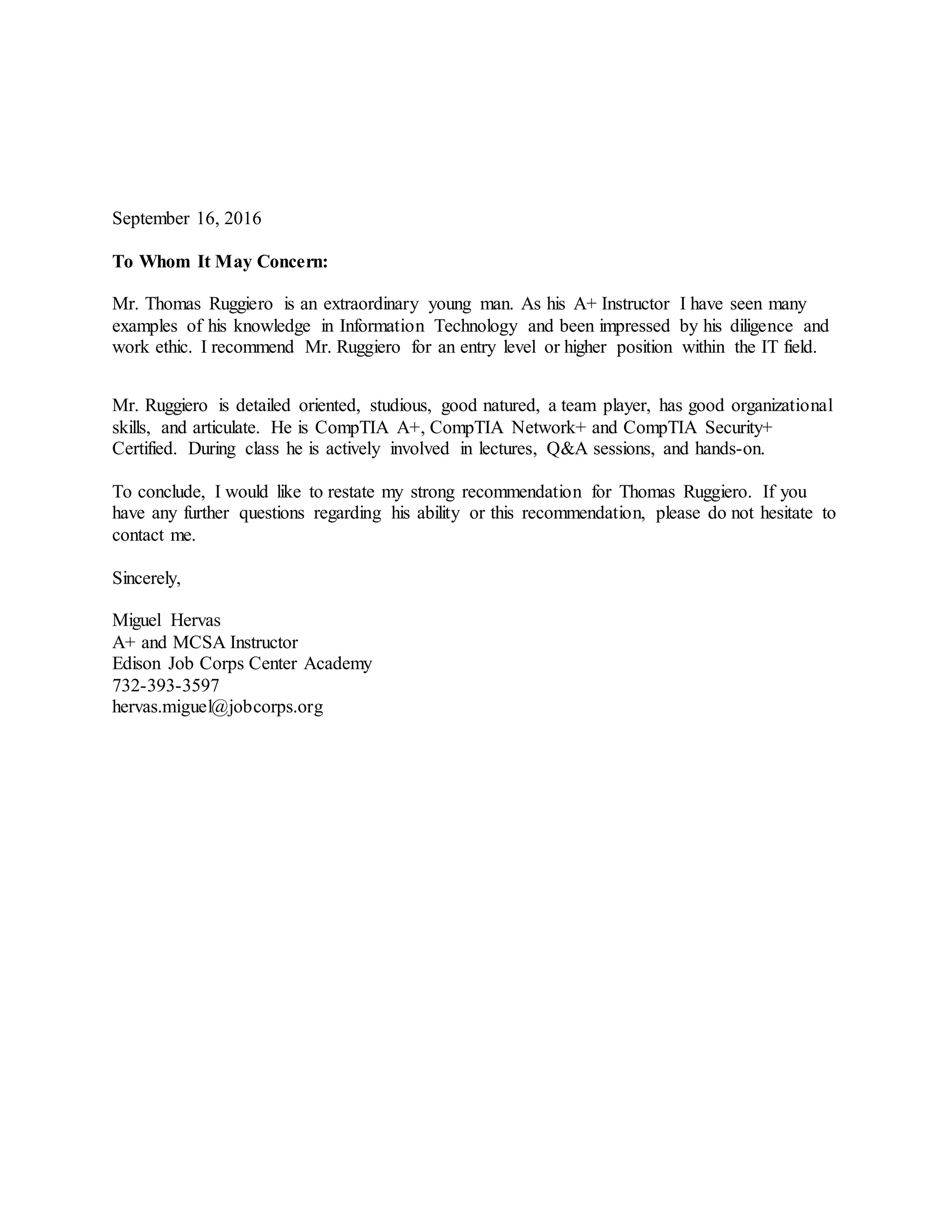 Recommendation Letter Thomas Ruggiero | DOCX