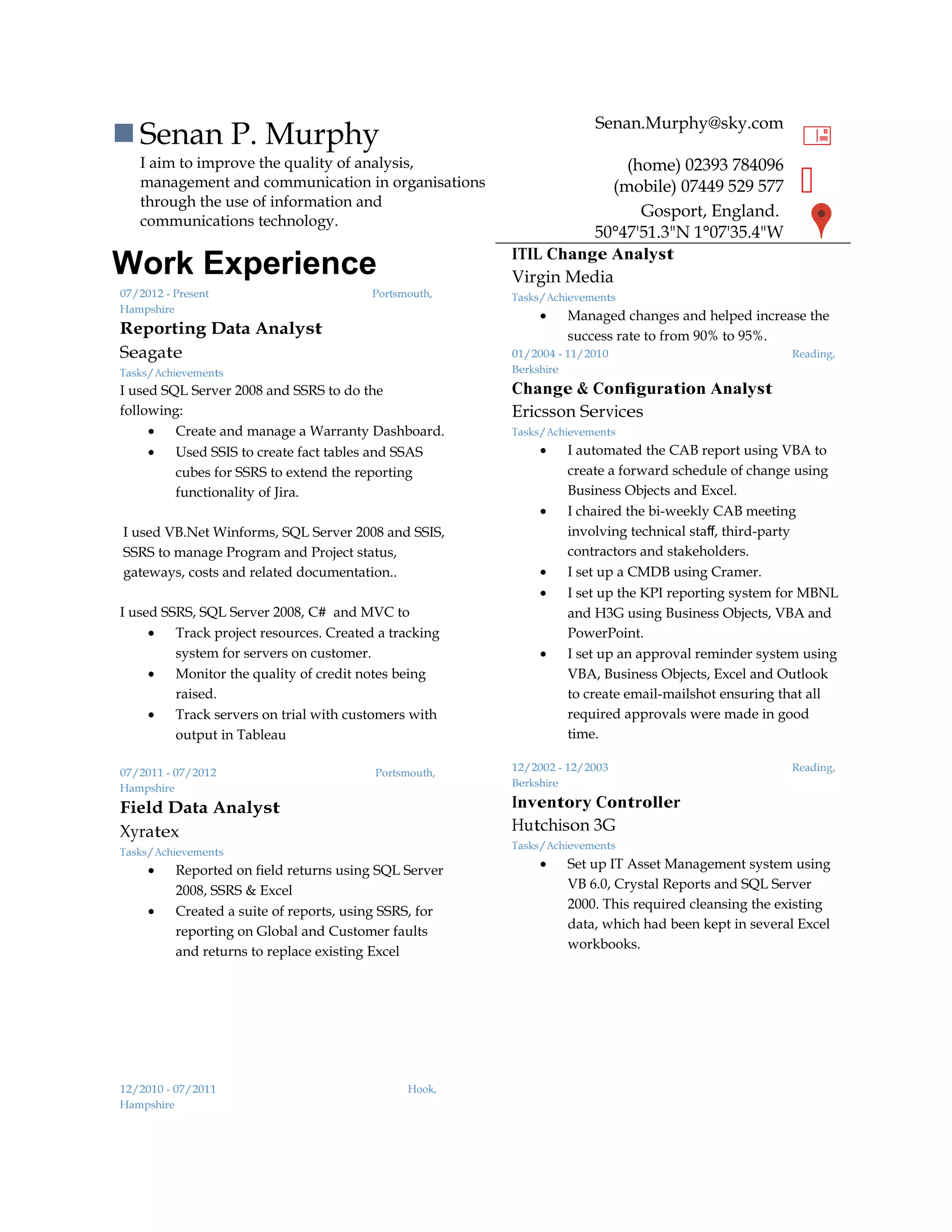 CV - Oct - 2016 Reporting Data Analyst | DOC | Computer Software and Applications | Computing