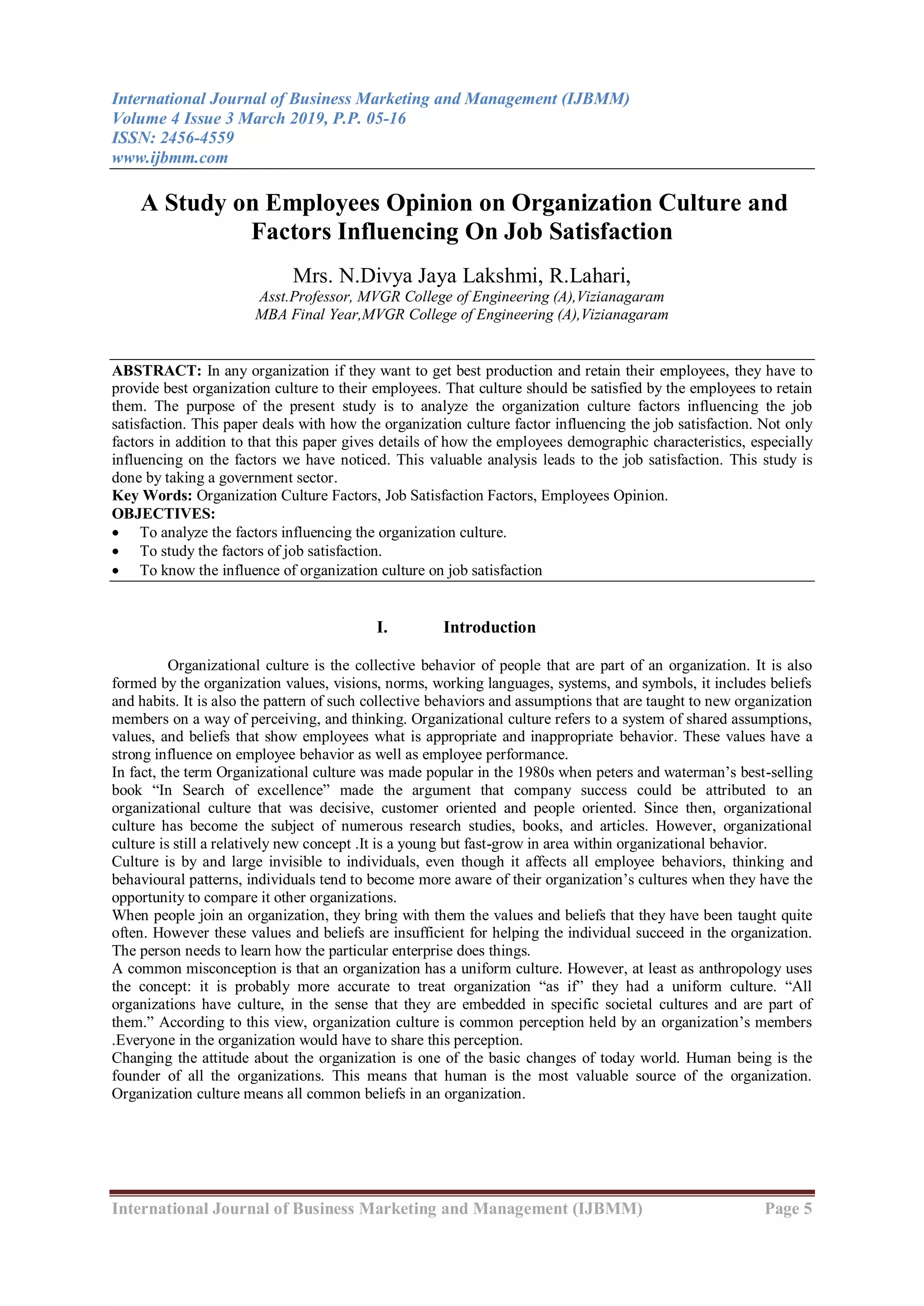 A Study on Employees Opinion on Organization Culture and Factors ...