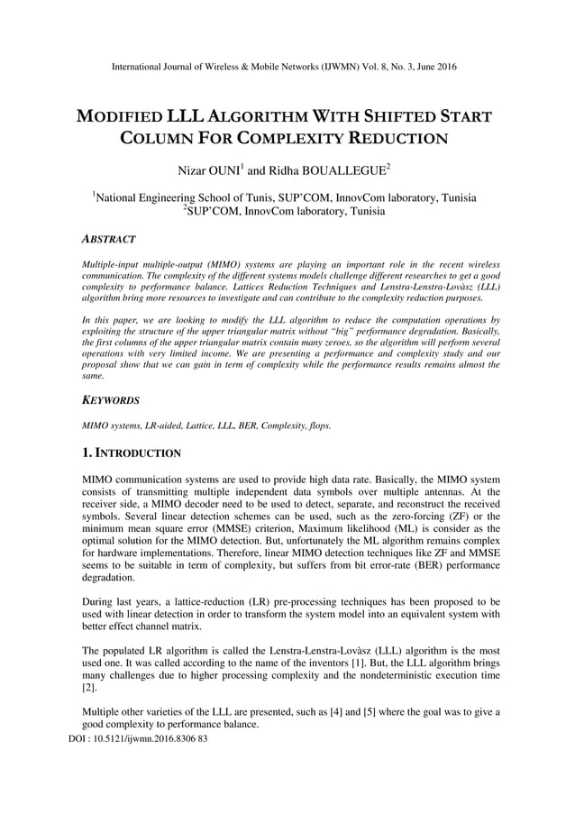 MODIFIED LLL ALGORITHM WITH SHIFTED START COLUMN FOR COMPLEXITY REDUCTION | PDF