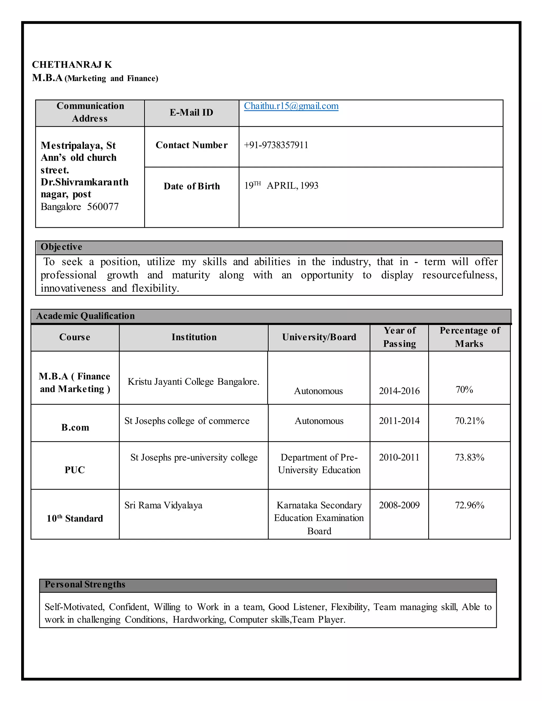 Chethan Resume | DOCX | Business Administration | Business