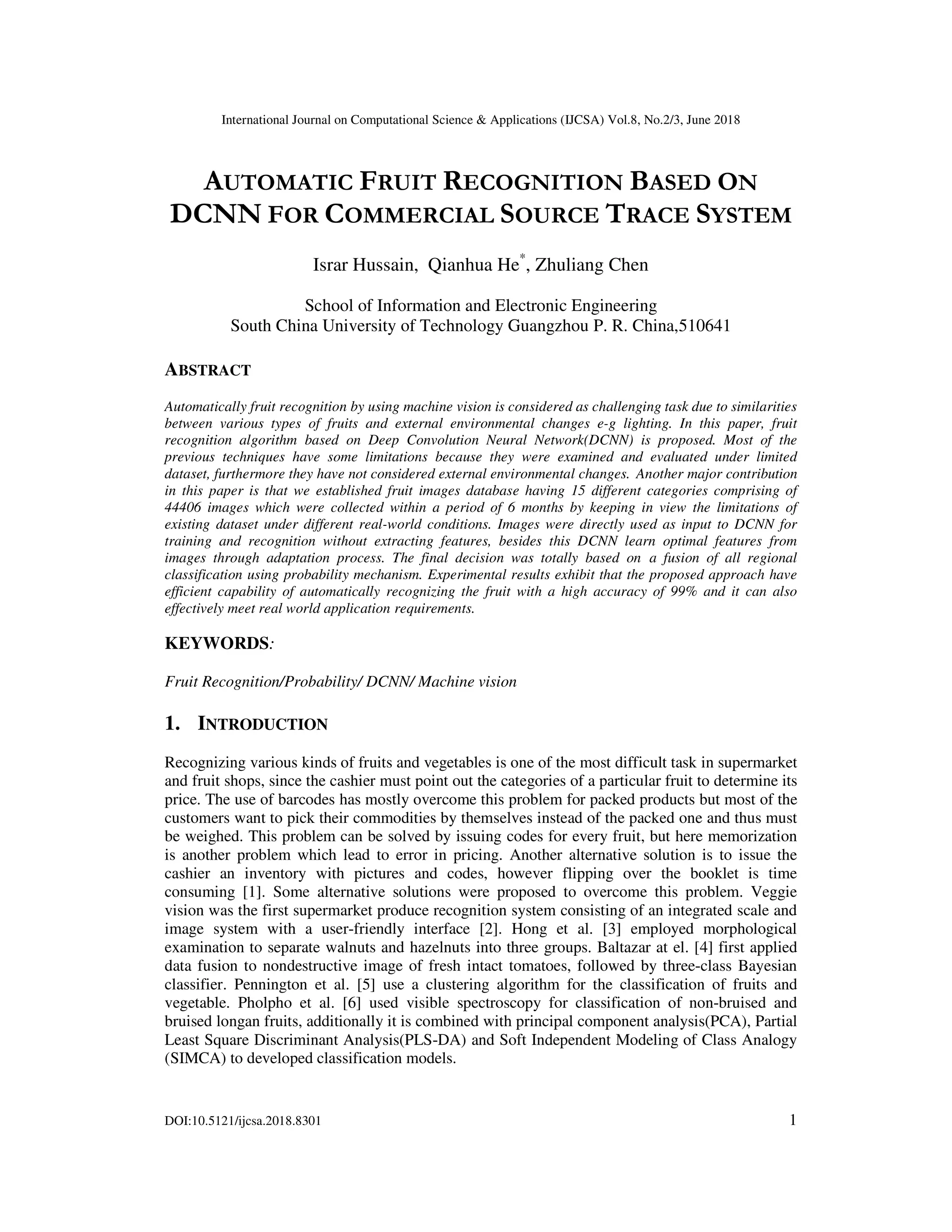 AUTOMATIC FRUIT RECOGNITION BASED ON DCNN FOR COMMERCIAL SOURCE TRACE ...