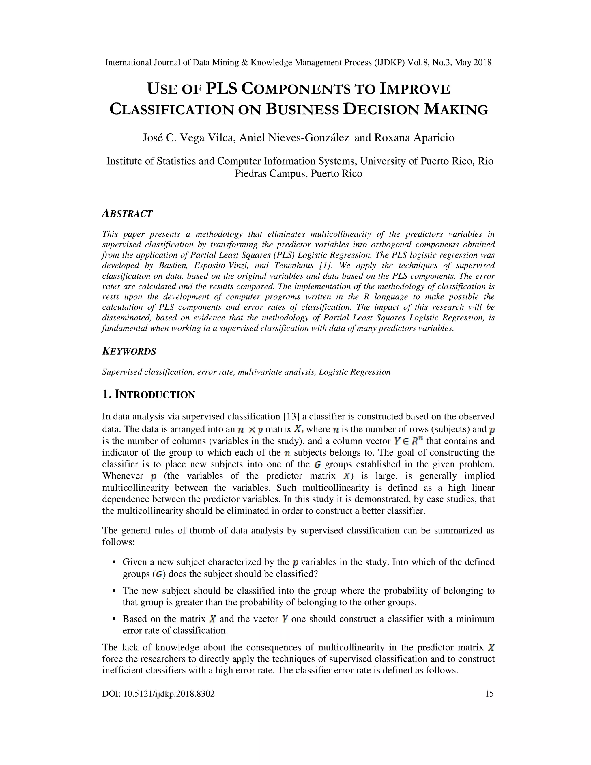 USE OF PLS COMPONENTS TO IMPROVE CLASSIFICATION ON BUSINESS DECISION ...