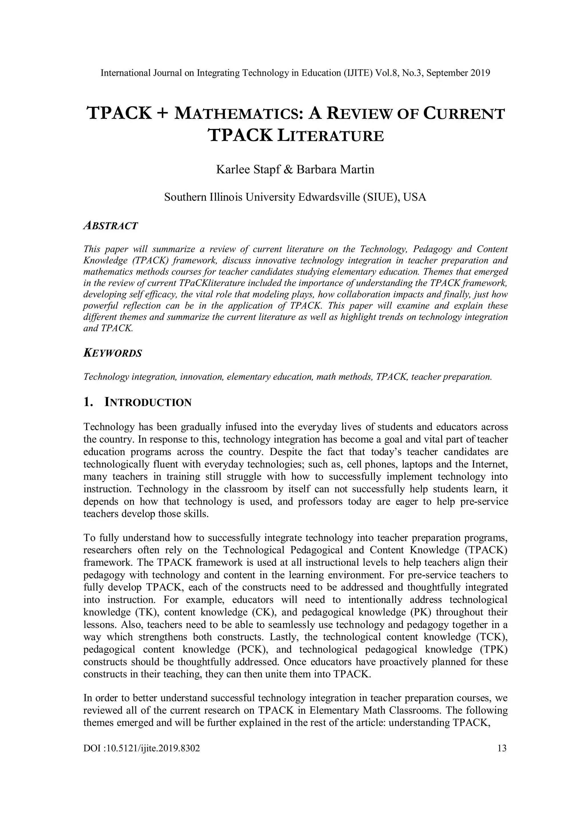 TPACK + MATHEMATICS: A REVIEW OF CURRENT TPACK LITERATURE | PDF