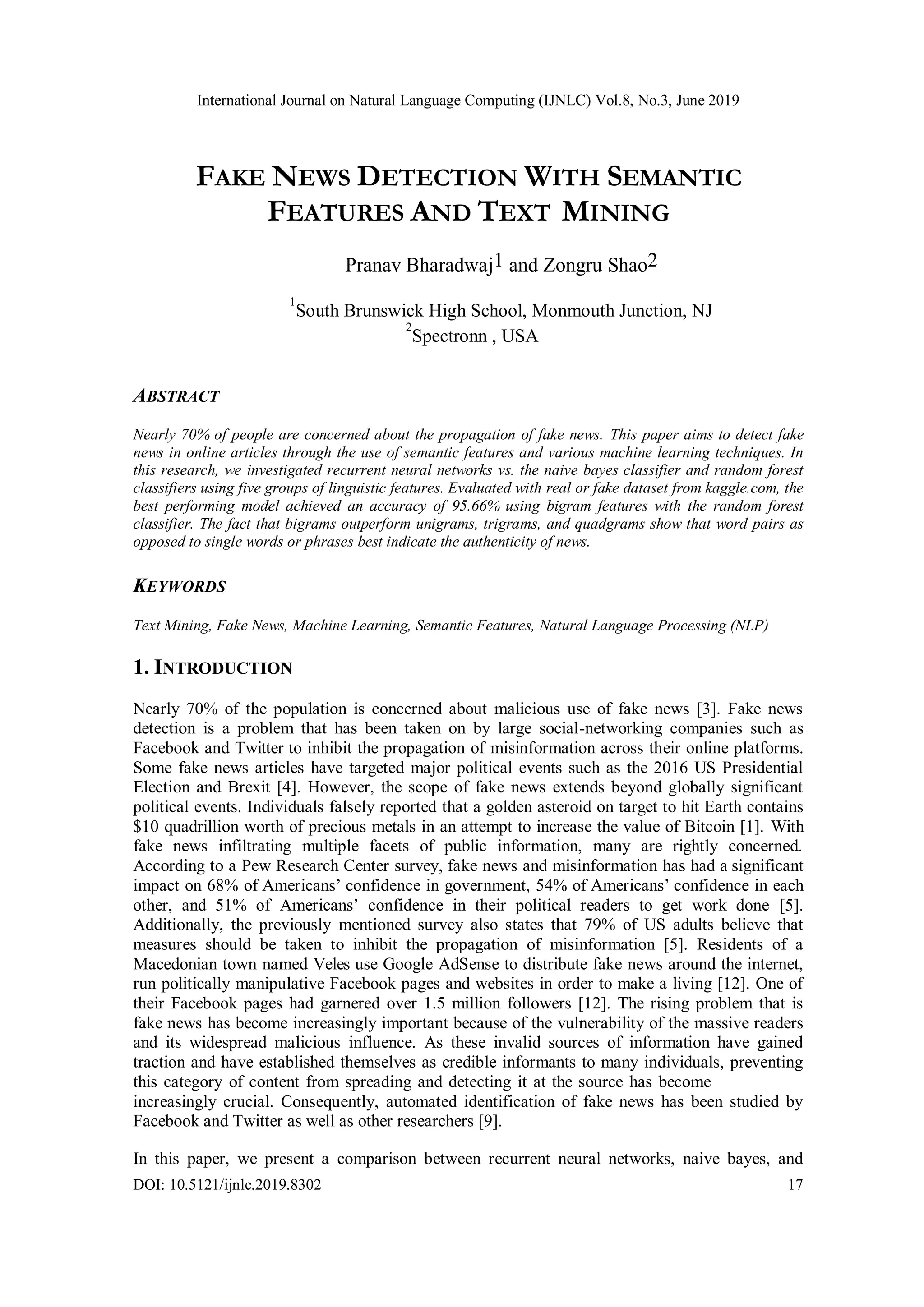 Fake News Detection With Semantic Features And Text Mining Pdf