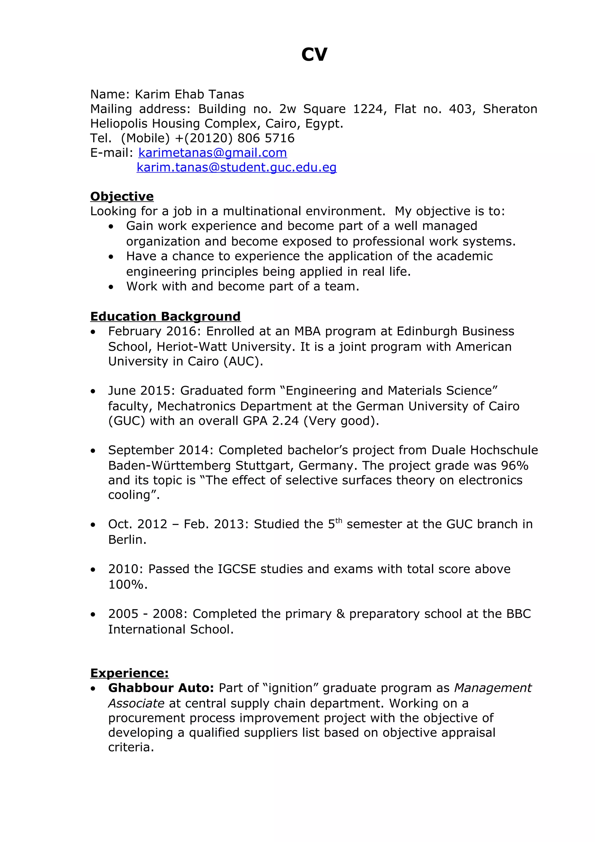 CV Karim Tanas | DOC | Business | Business and Finance