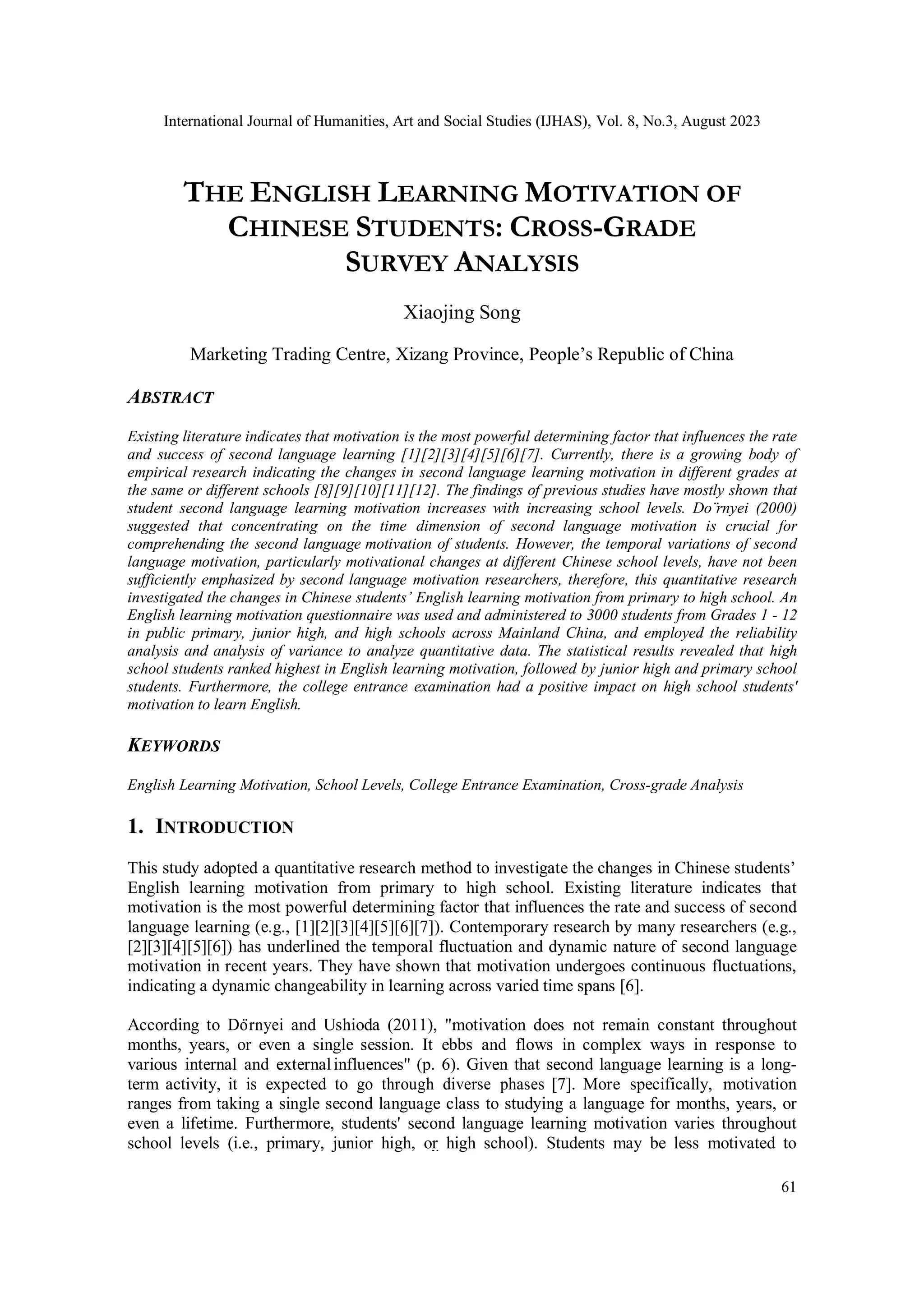THE ENGLISH LEARNING MOTIVATION OF CHINESE STUDENTS: CROSS-GRADE SURVEY ...