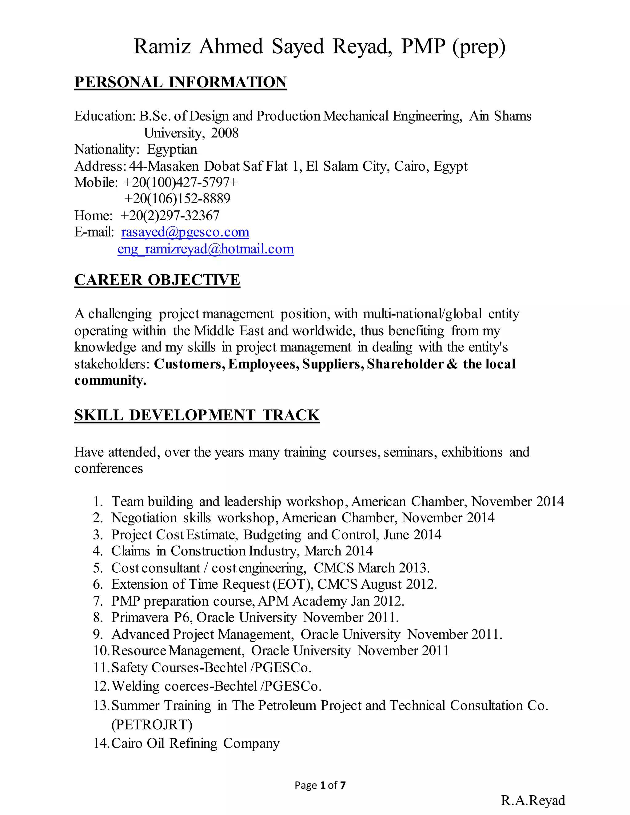 Ramiz Ahmed Sayed Reyad CV Updated as of Jan 2015 | DOCX