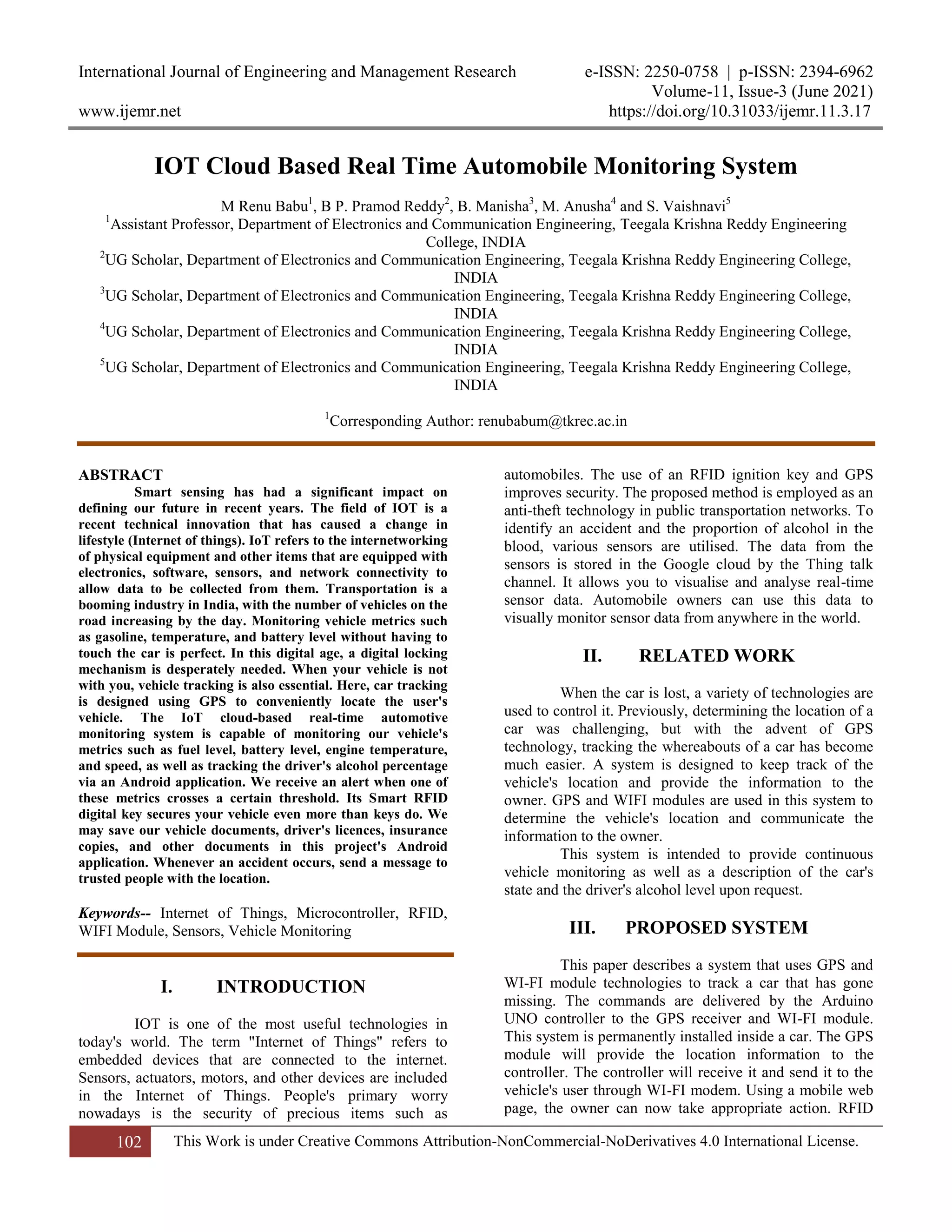Iot Cloud Based Real Time Automobile Monitoring System Pdf