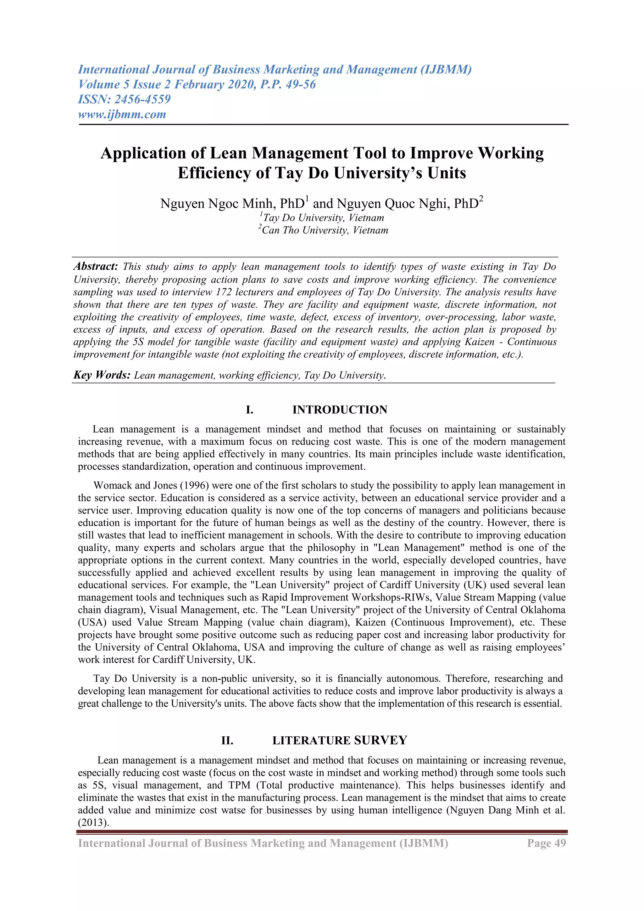 Application of Lean Management Tool to Improve Working Efficiency of Tay Do University’s Units ...