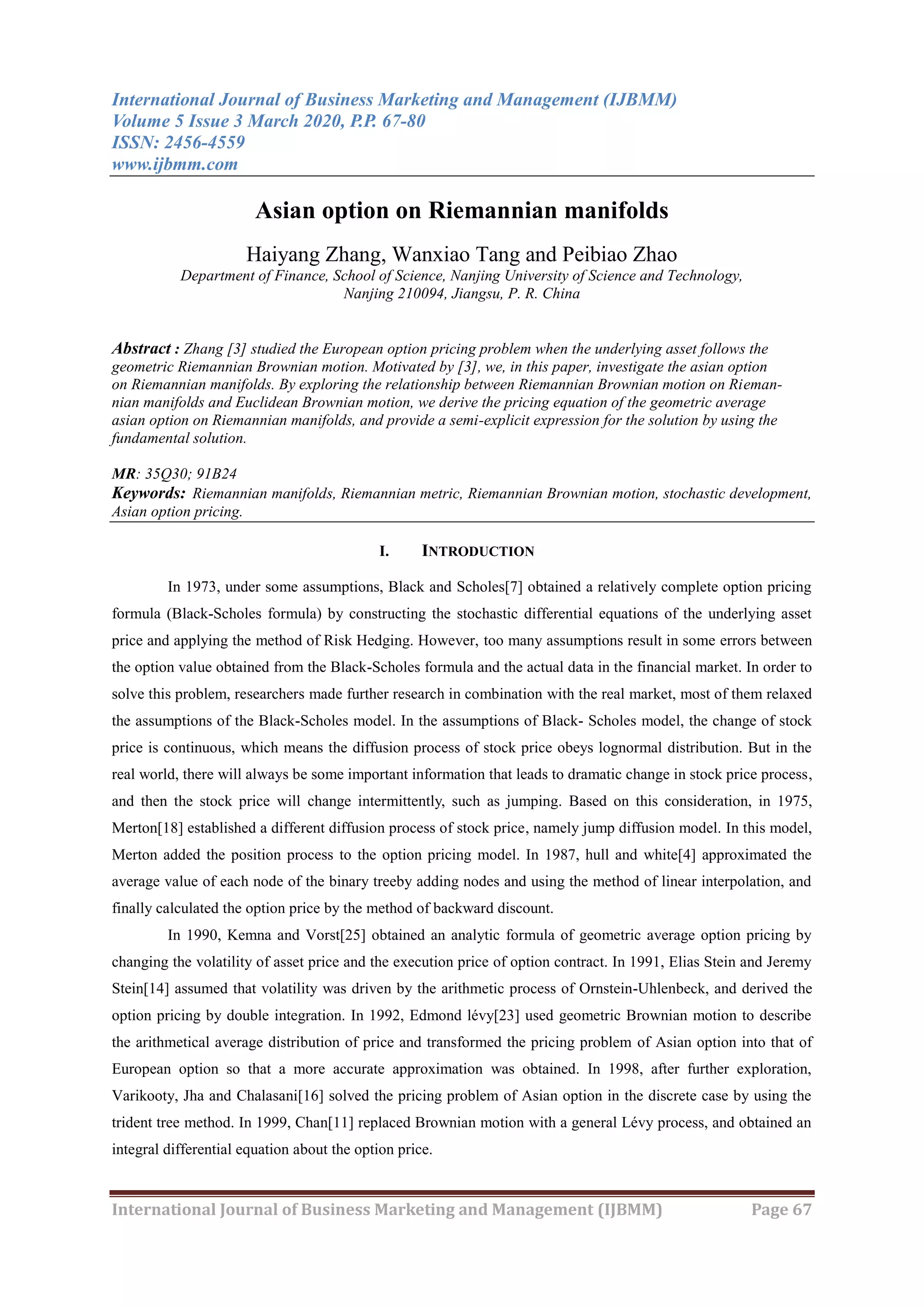 Asian option on Riemannian manifolds | PDF