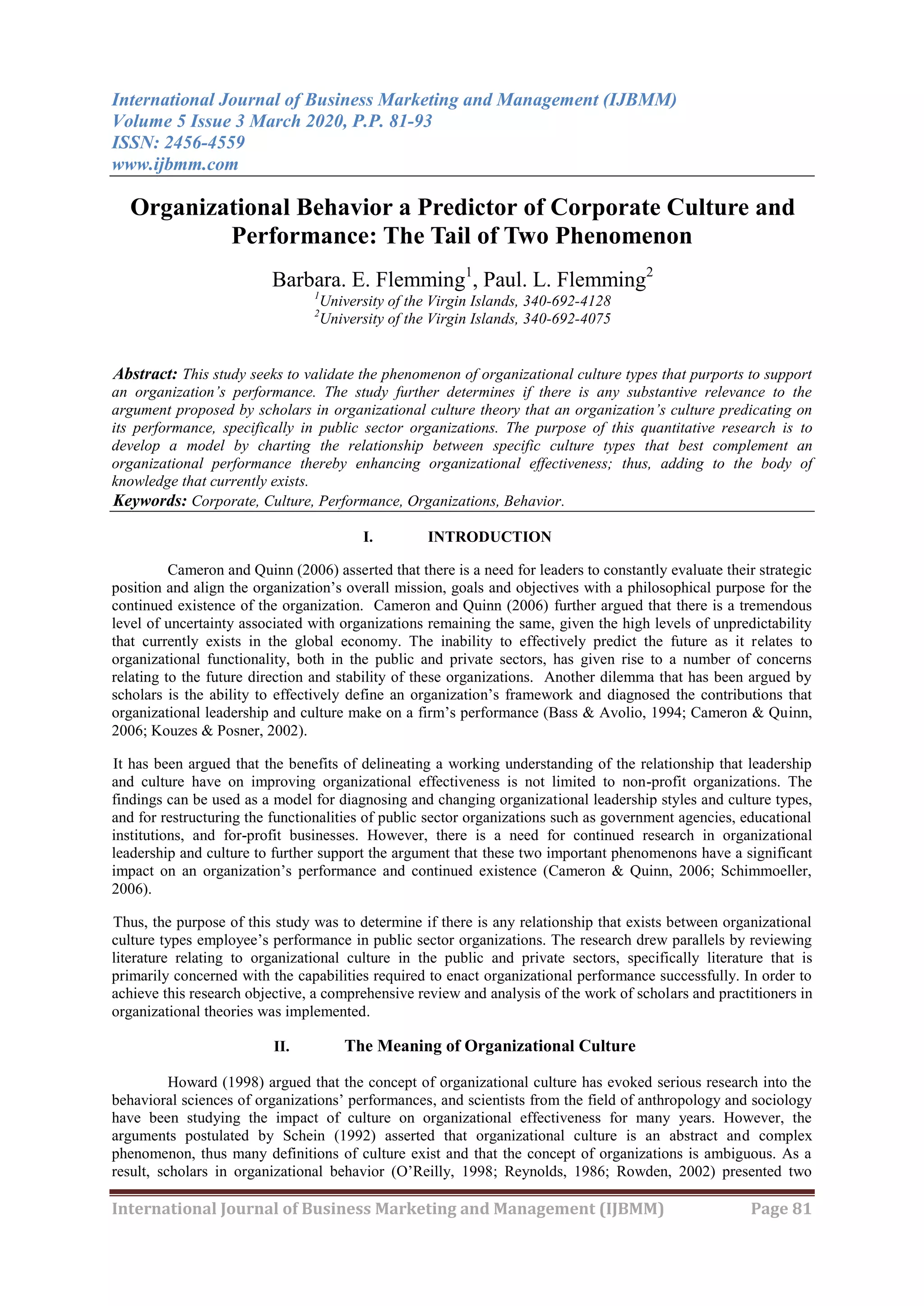 Organizational Behavior a Predictor of Corporate Culture and ...