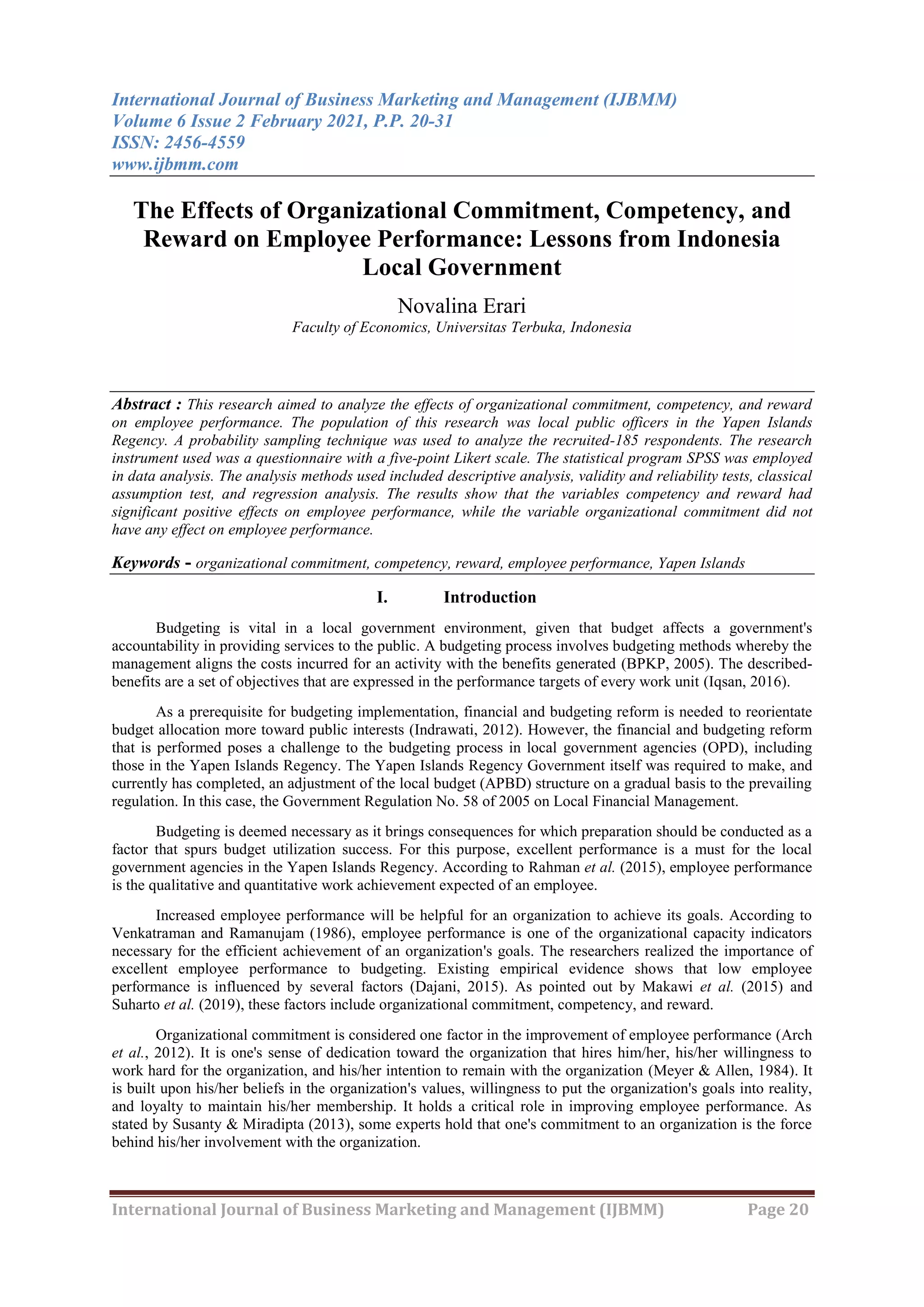 The Effects of Organizational Commitment, Competency, and Reward on Employee Performance ...