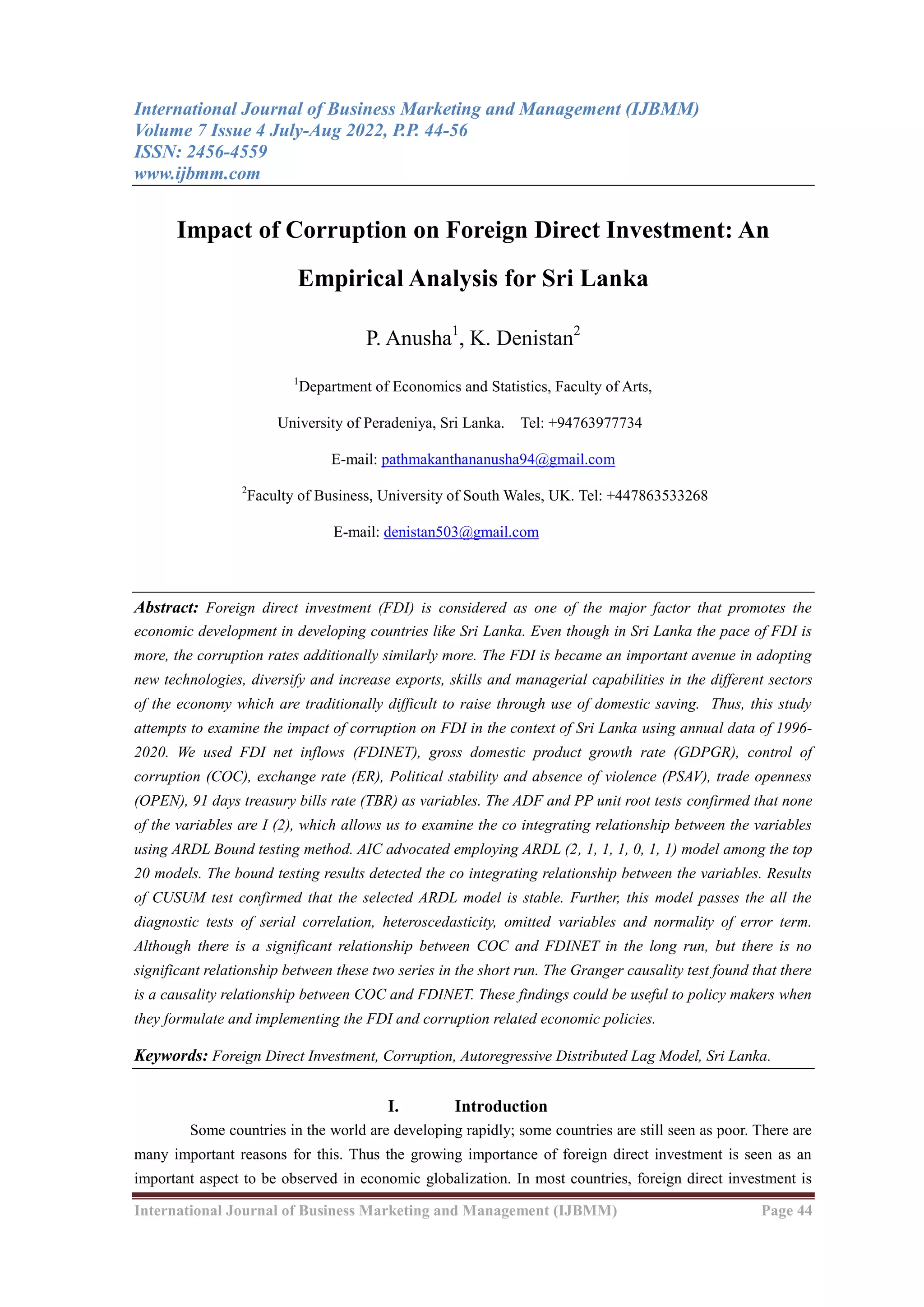 Impact of Corruption on Foreign Direct Investment: An Empirical ...