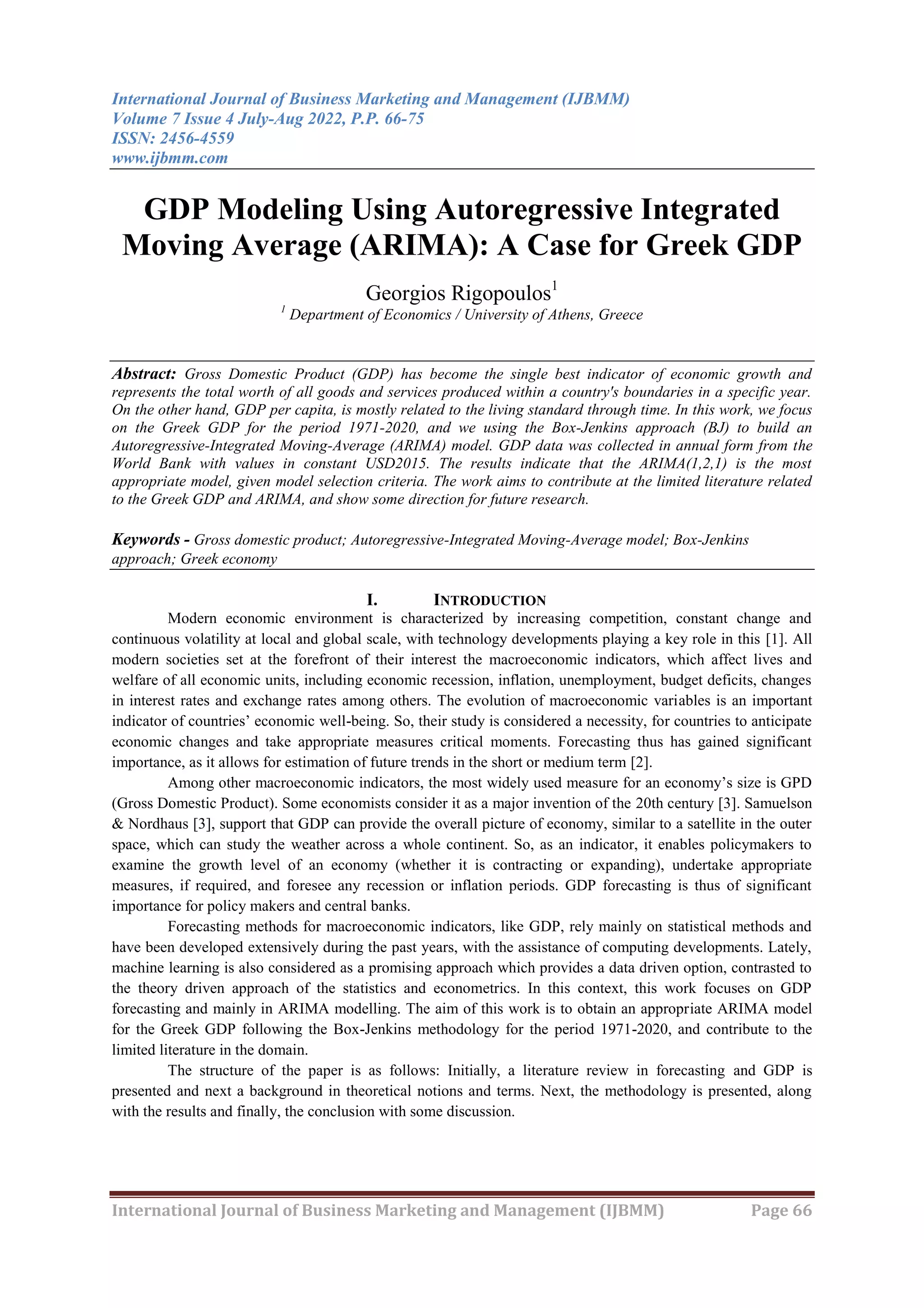 GDP Modeling Using Autoregressive Integrated Moving Average (ARIMA): A Case for Greek GDP | PDF