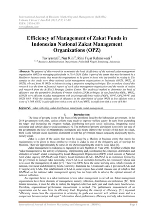 Efficiency of Management of Zakat Funds in Indonesian National Zakat Management Organizations ...