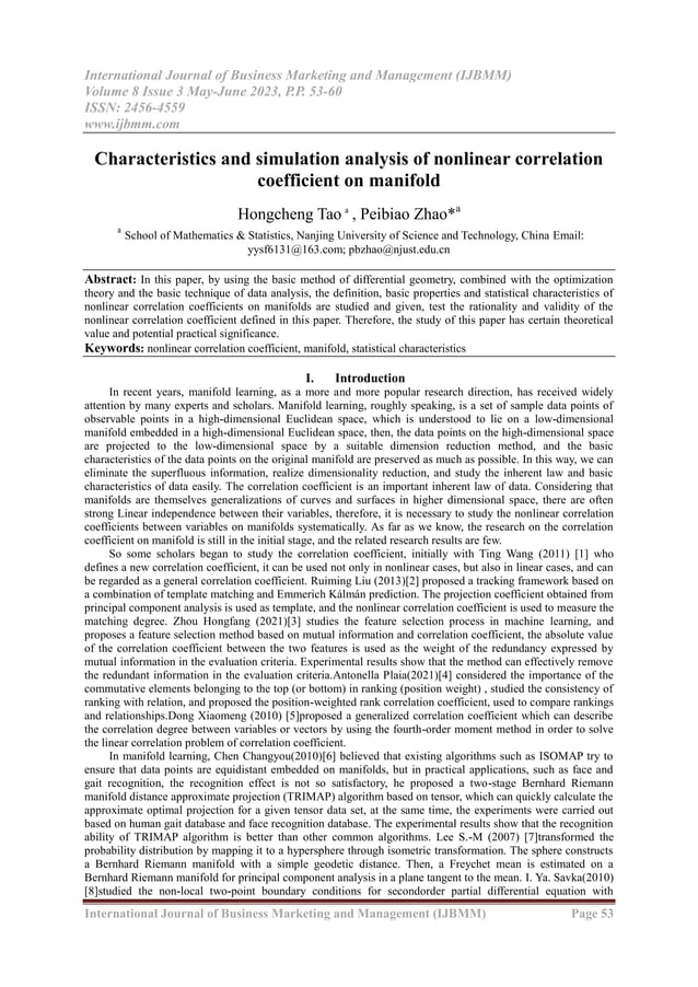 Characteristics and simulation analysis of nonlinear correlation coefficient on manifold | PDF