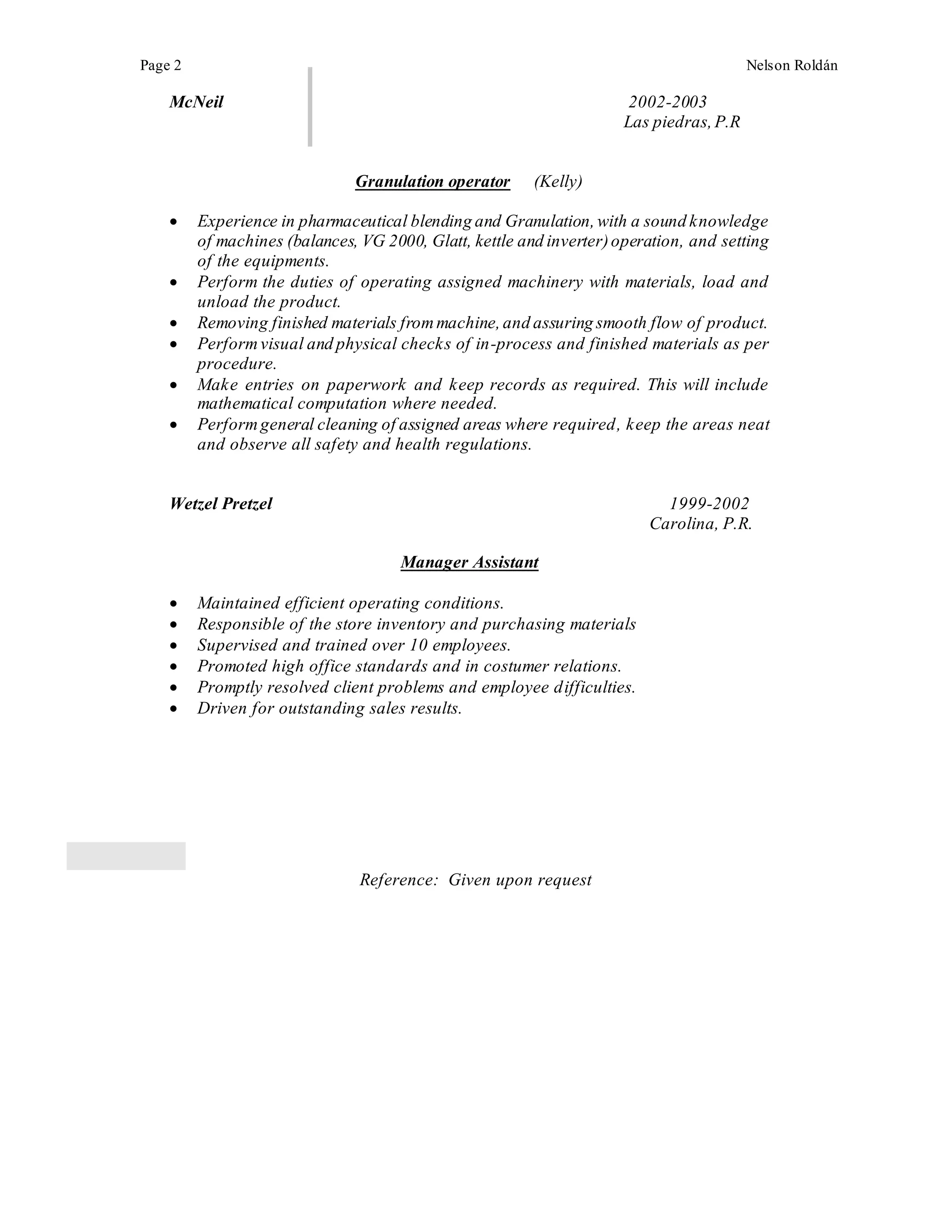 nelson_roldan_resume[1][1] | DOCX | Manufacturing Industry | Industries