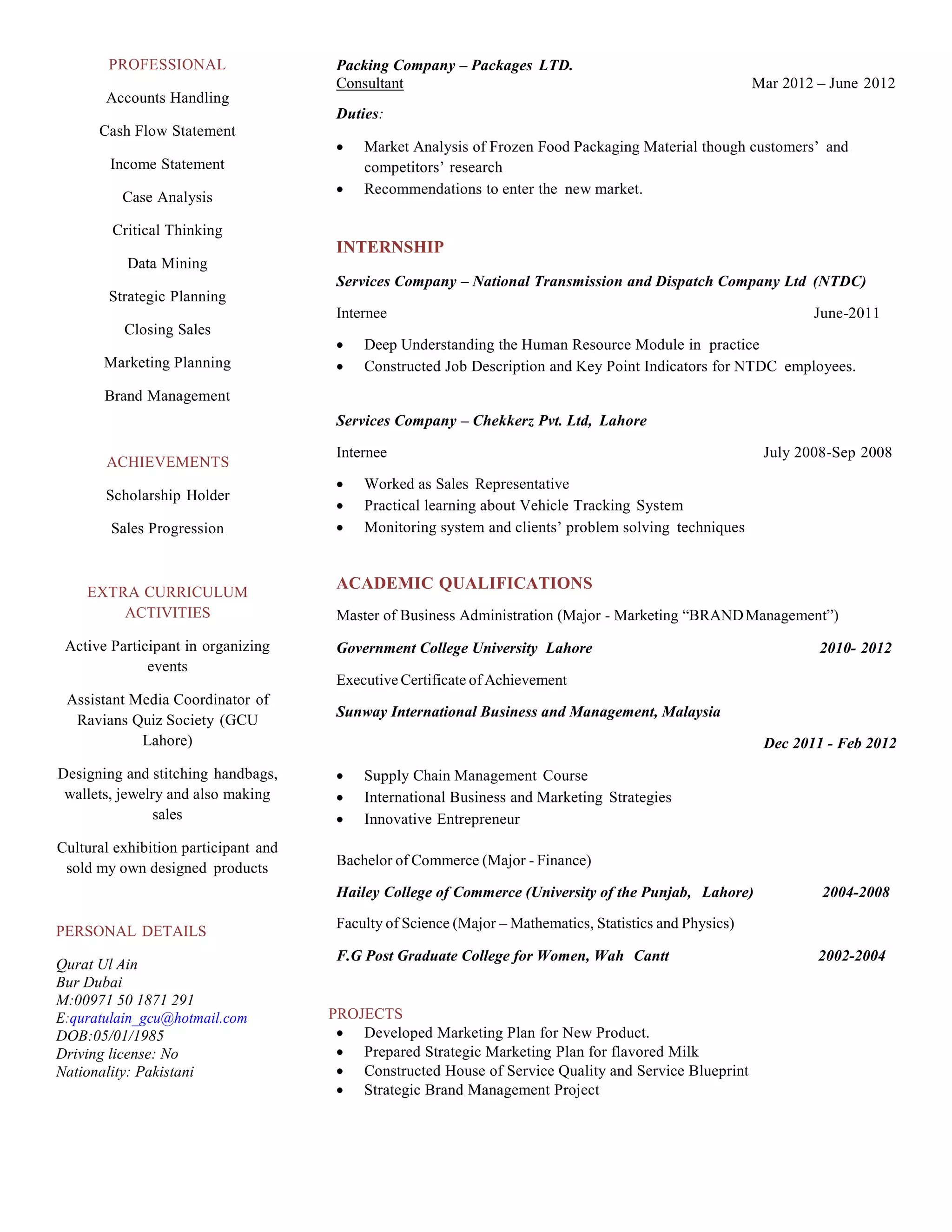 Qurat Ul Ain CV | PDF | Business Administration | Business