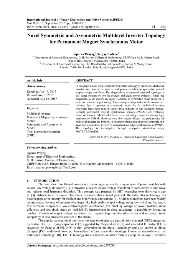 Novel Symmetric and Asymmetric Multilevel Inverter Topology for Permanent Magnet Synchronous ...