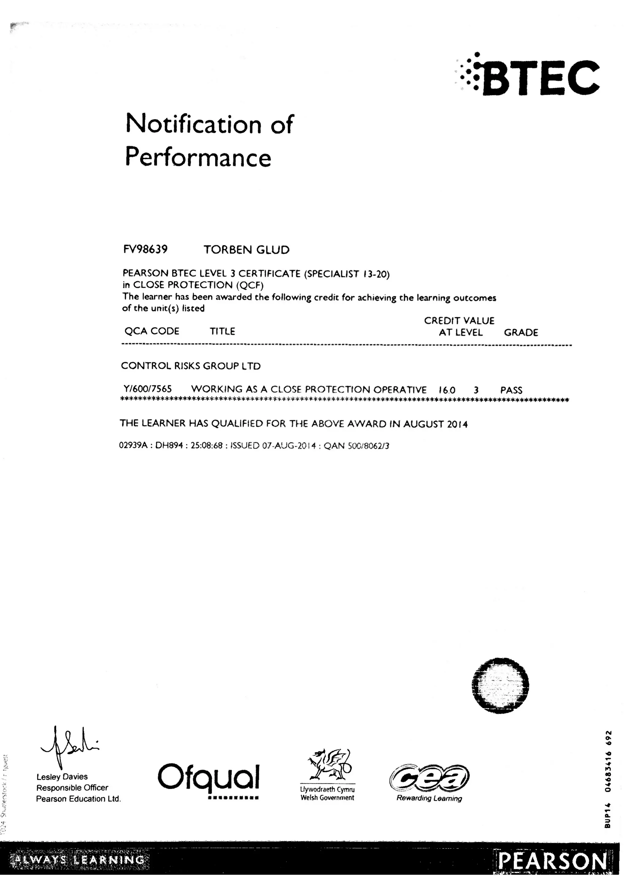 TG Close Protection Certificate 2 | PDF