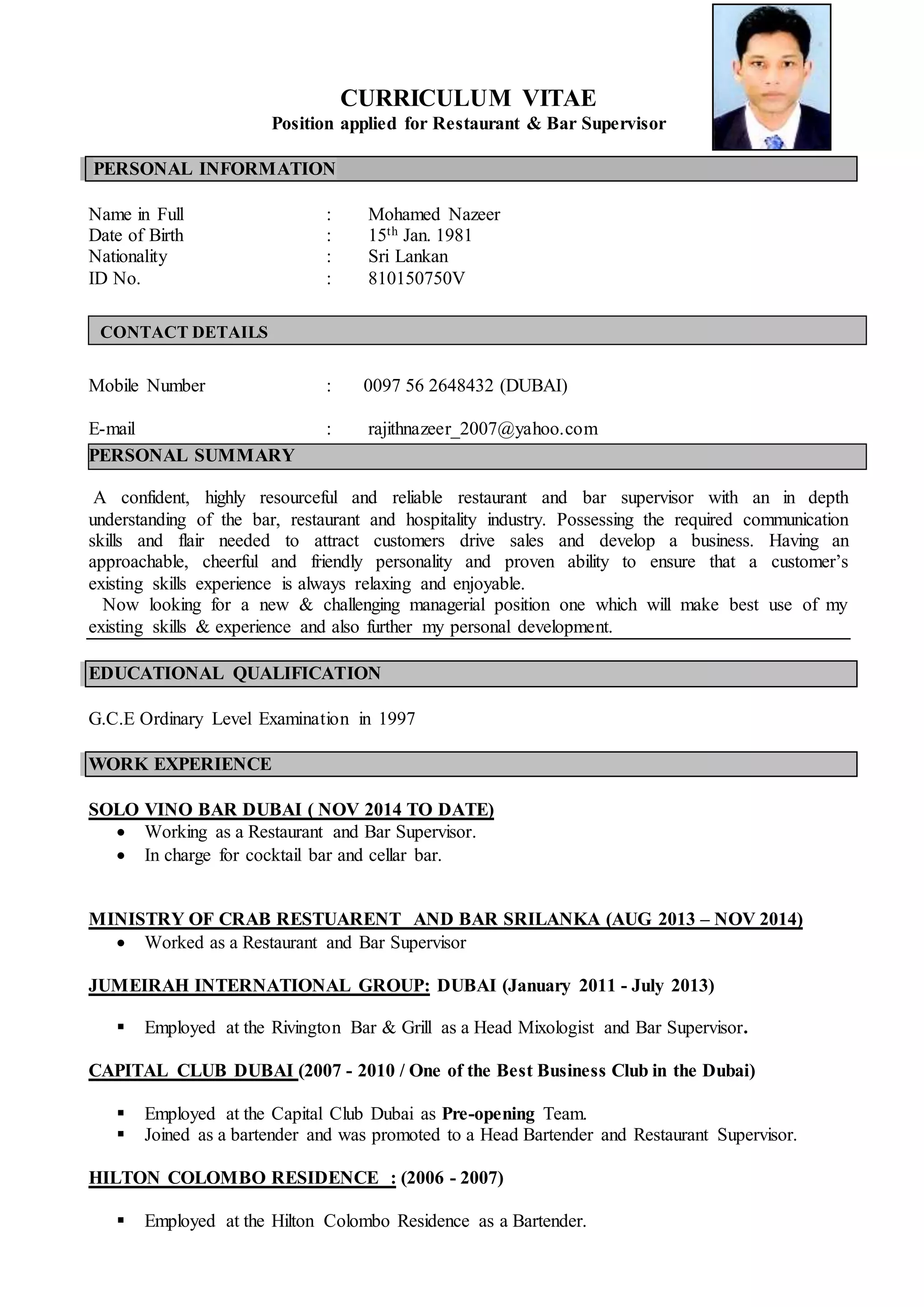 bar supervisor cv | DOCX