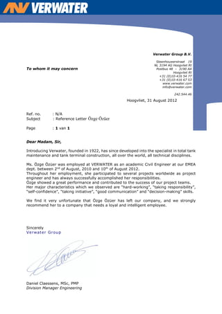 Reference Letter Verwater - Ozge | PDF