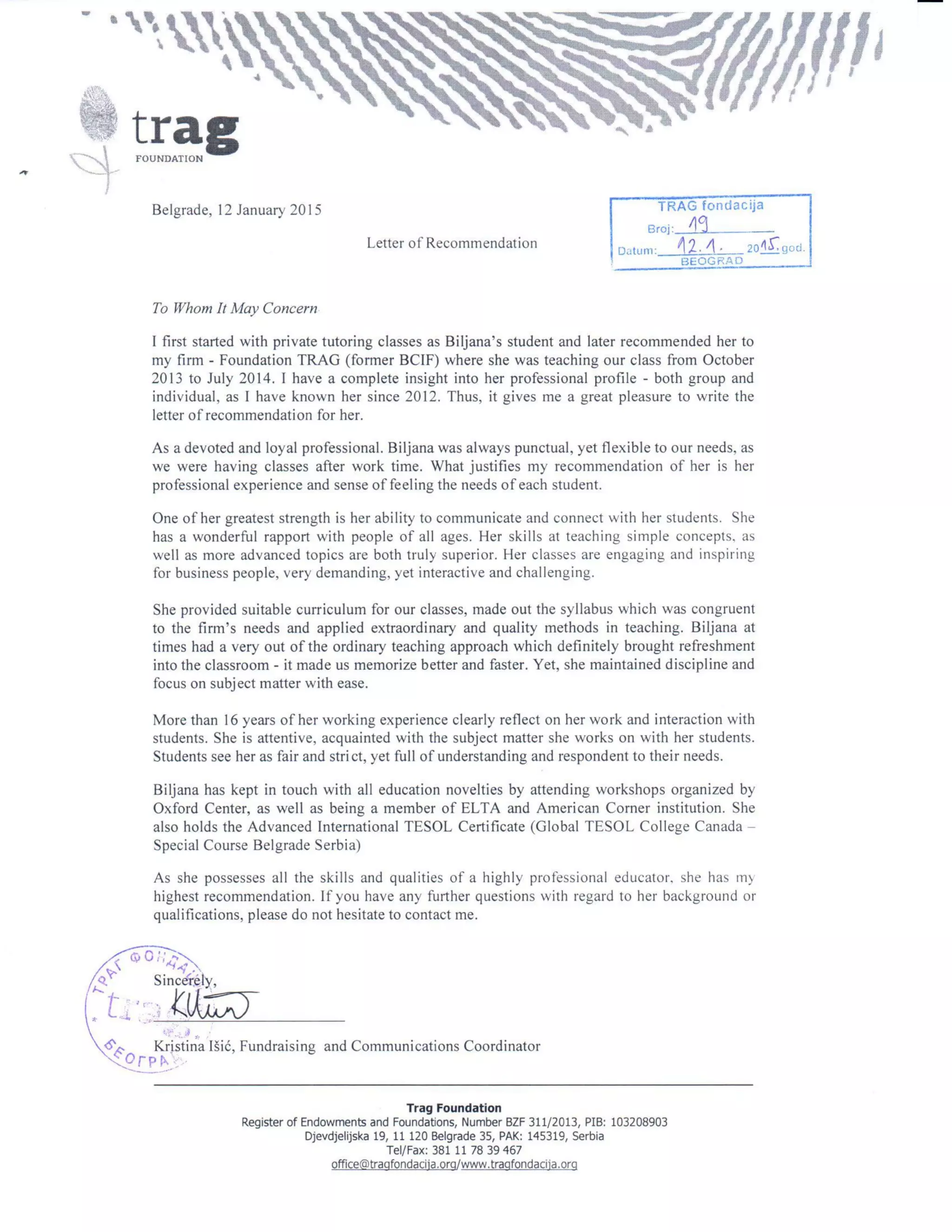 Pismo preporuke Biljana Ilic | PDF