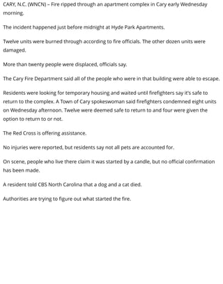 Cary apartment fire displaces more than 20 | WNCN | PDF