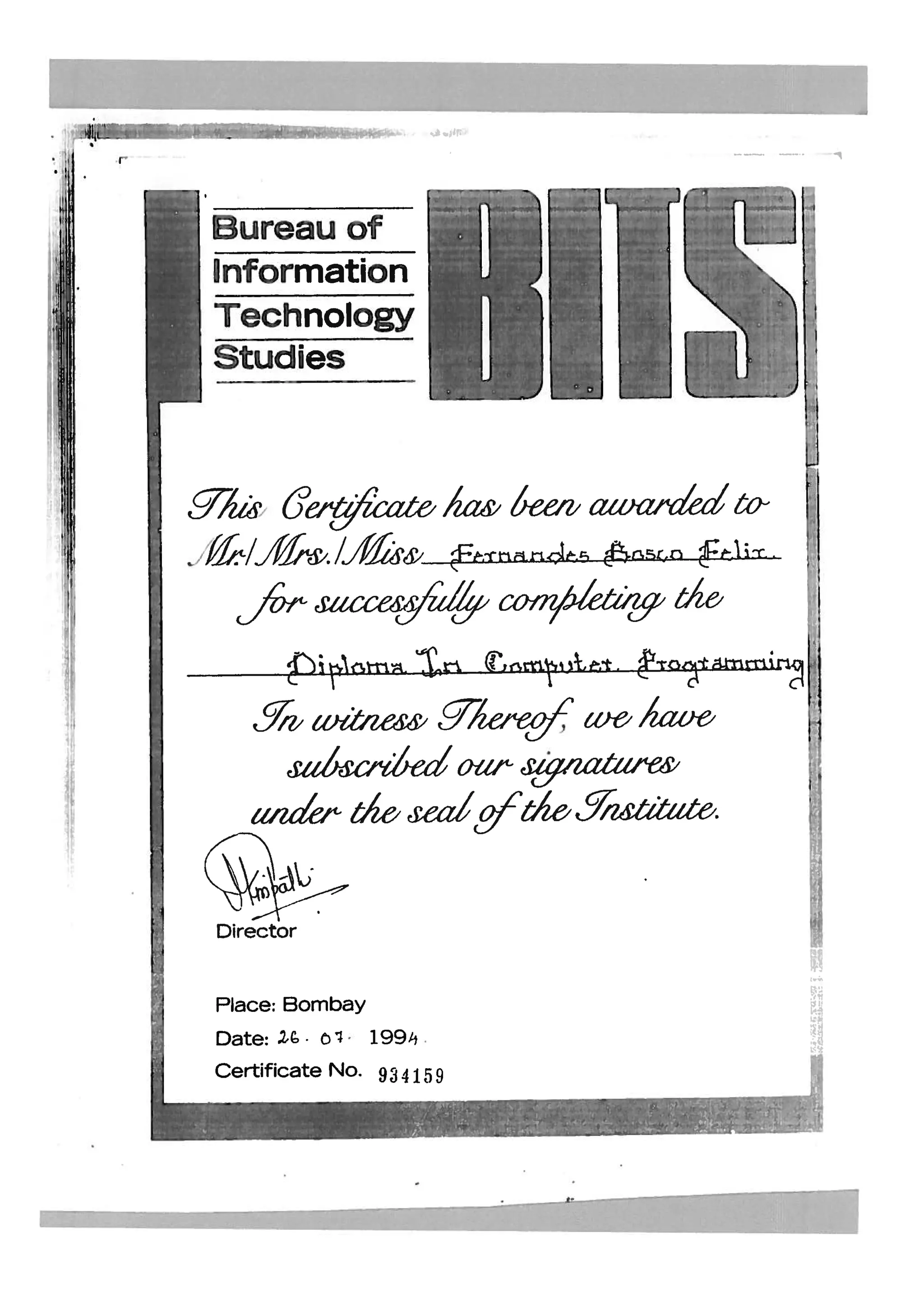 computer certificate bits mumbai india | PDF