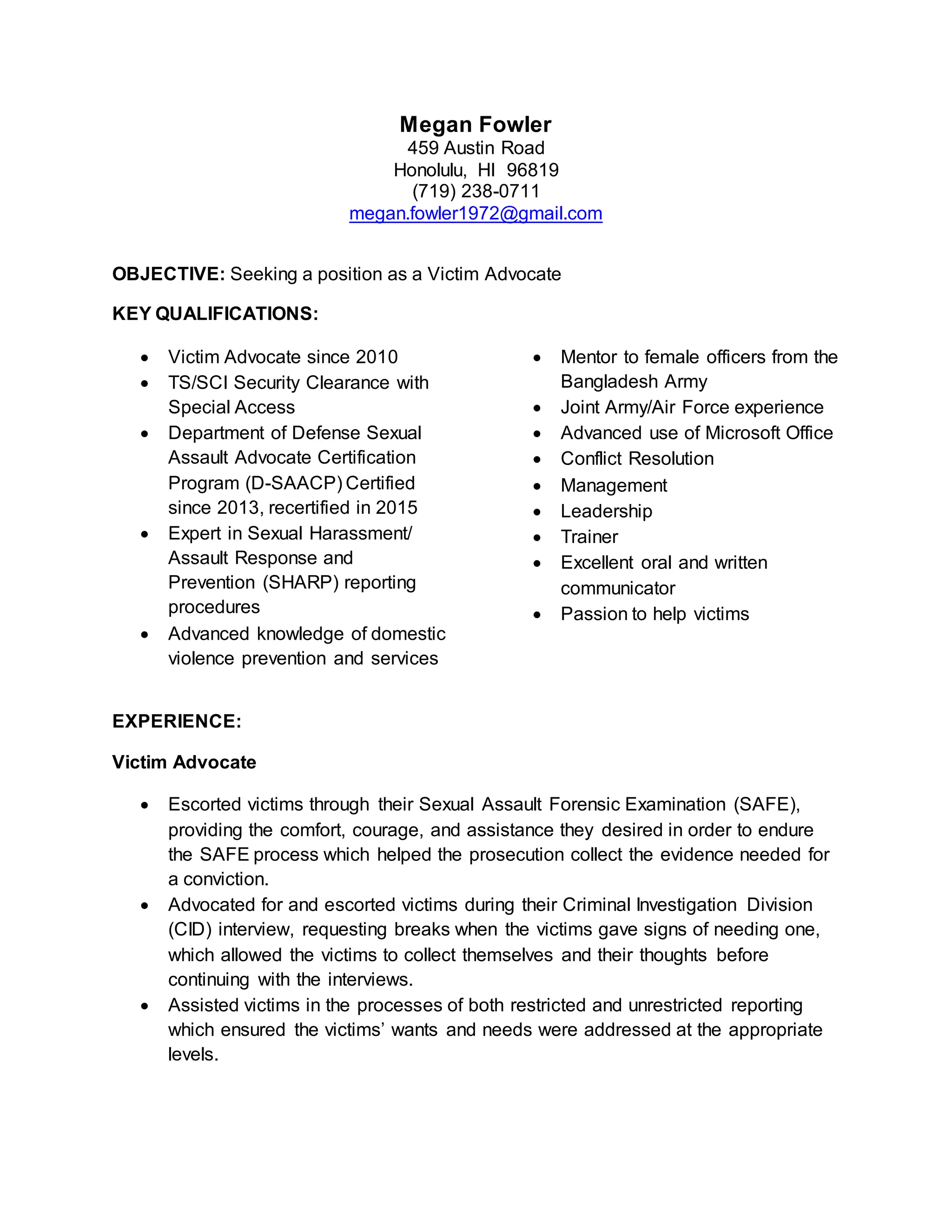 Targeted Resume Victim Advocate | DOCX