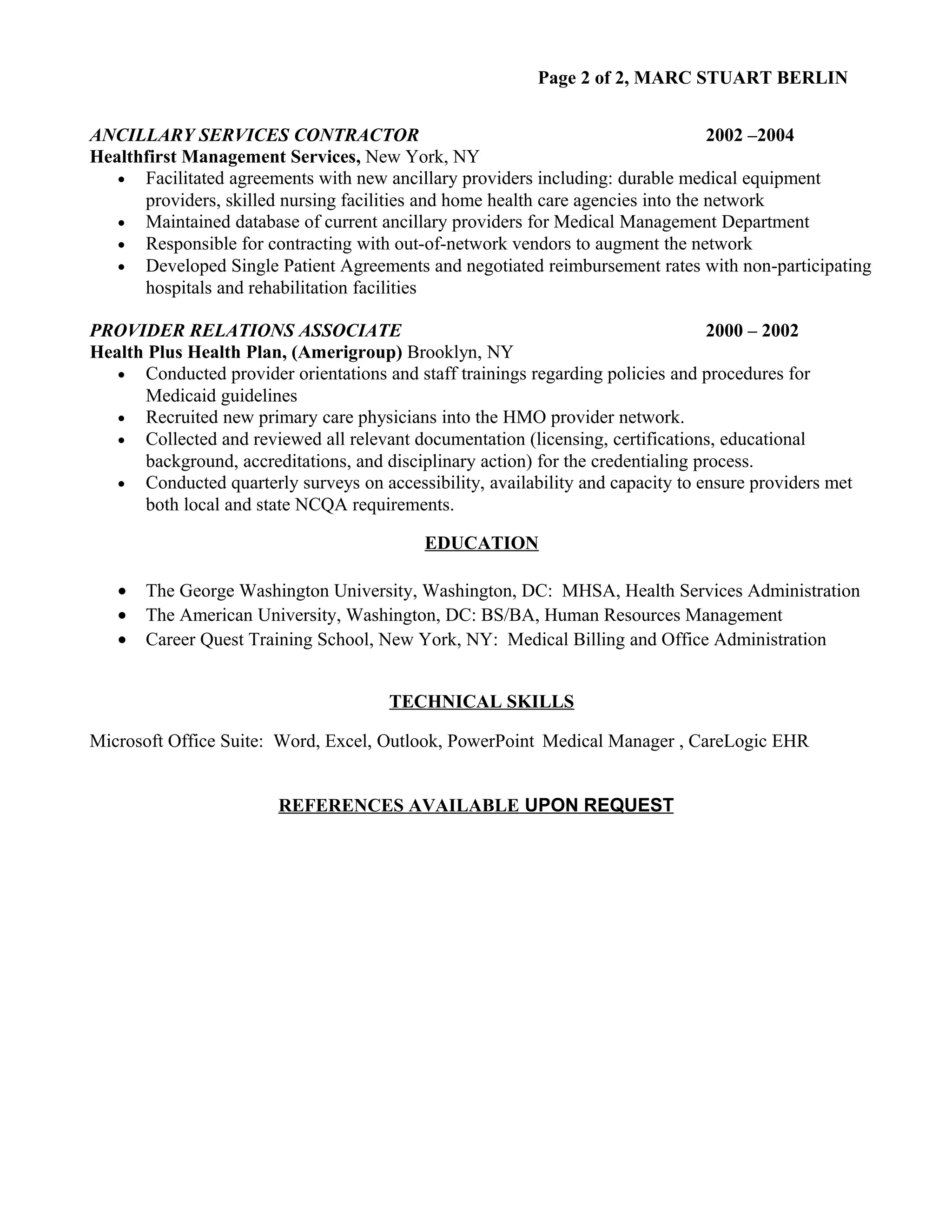 Marc S Berlin Health Care Resume | DOC