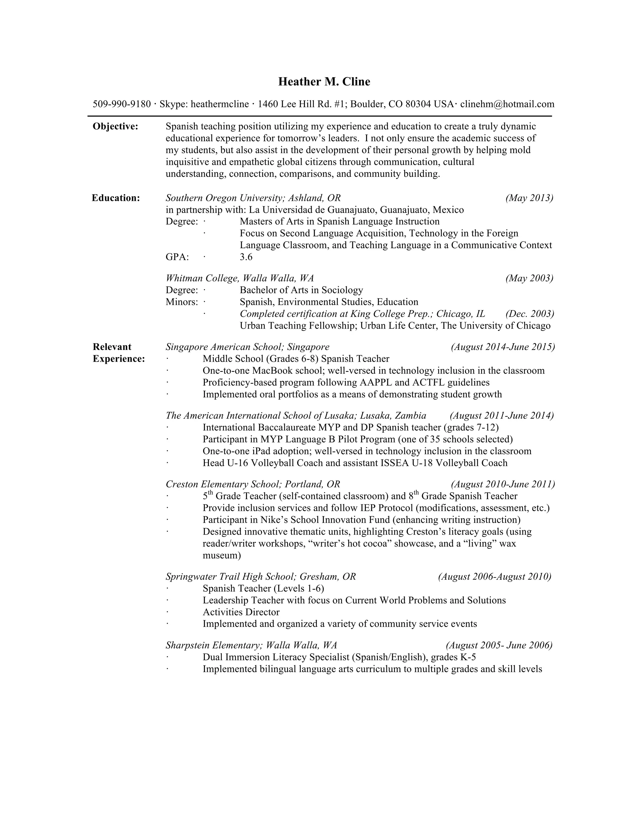 Spanish Resume Spring 2016 | PDF