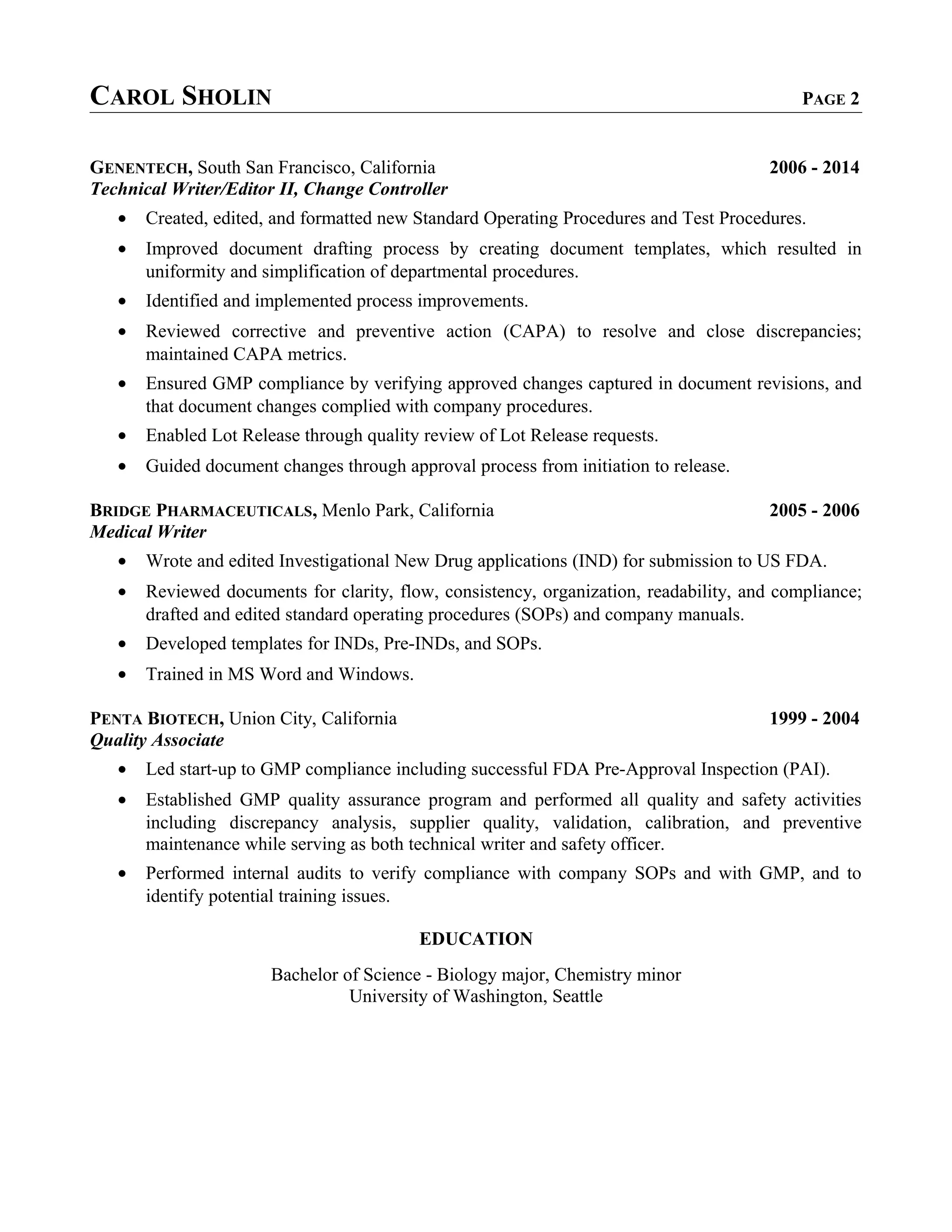 Carol Sholin resume 2015 | DOC | Manufacturing Industry | Industries