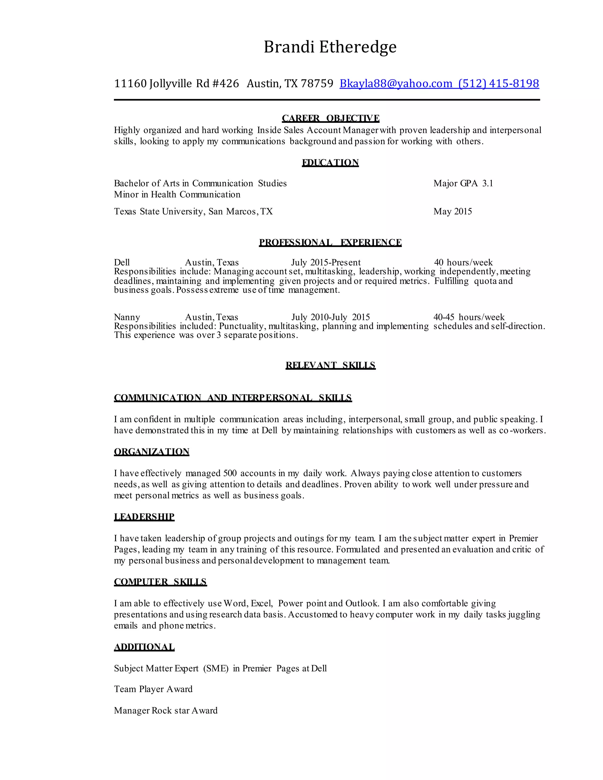 Current Resume 2016 | DOCX | Sales | Business