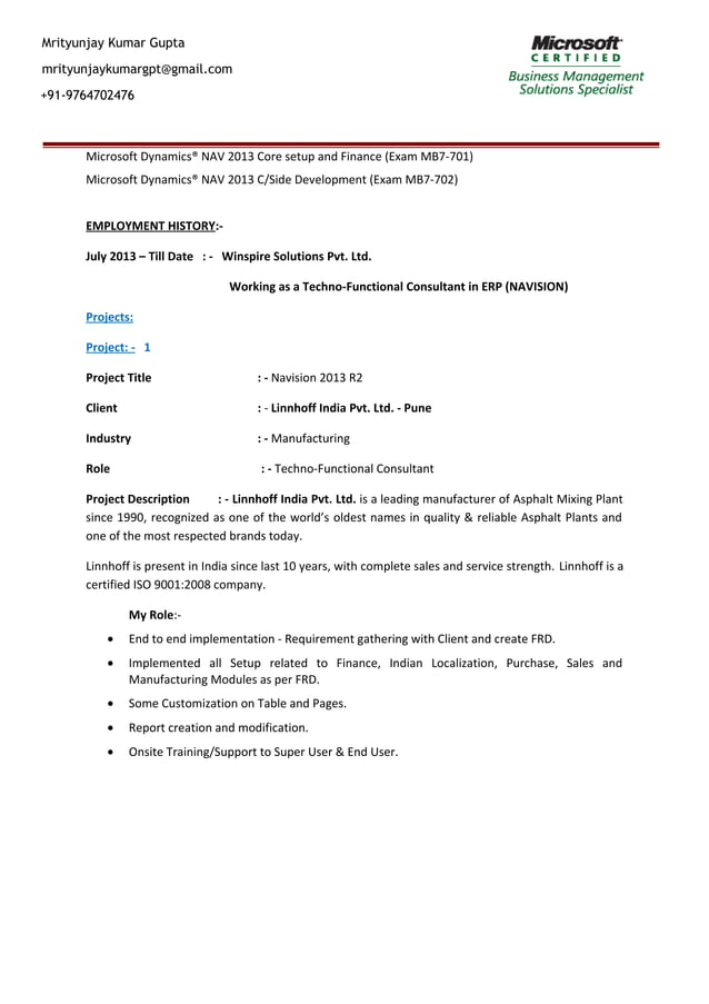 Mrityunjay Resume Navision Functional Consultant | DOC