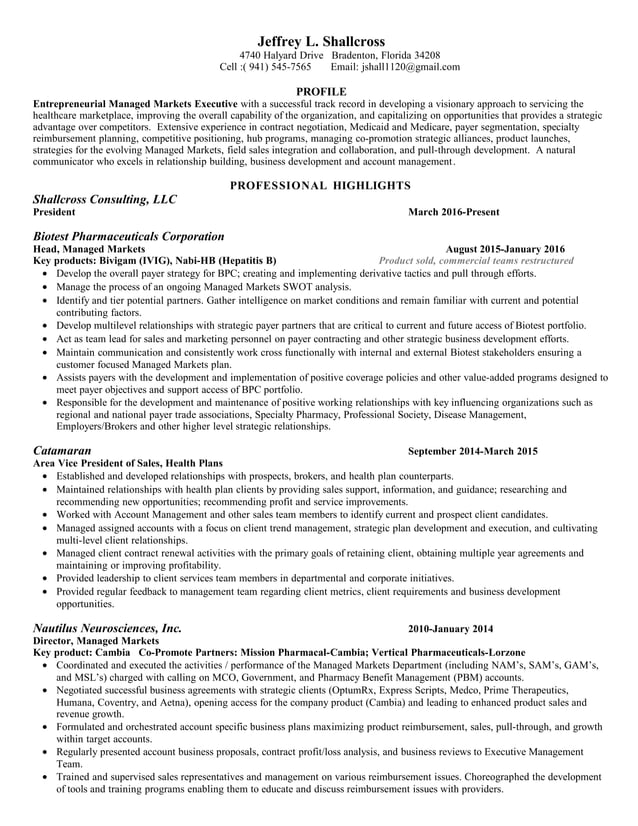 Jeff Shallcross resume FL 1-16 | DOC | Pharmaceutical Industry | Industries