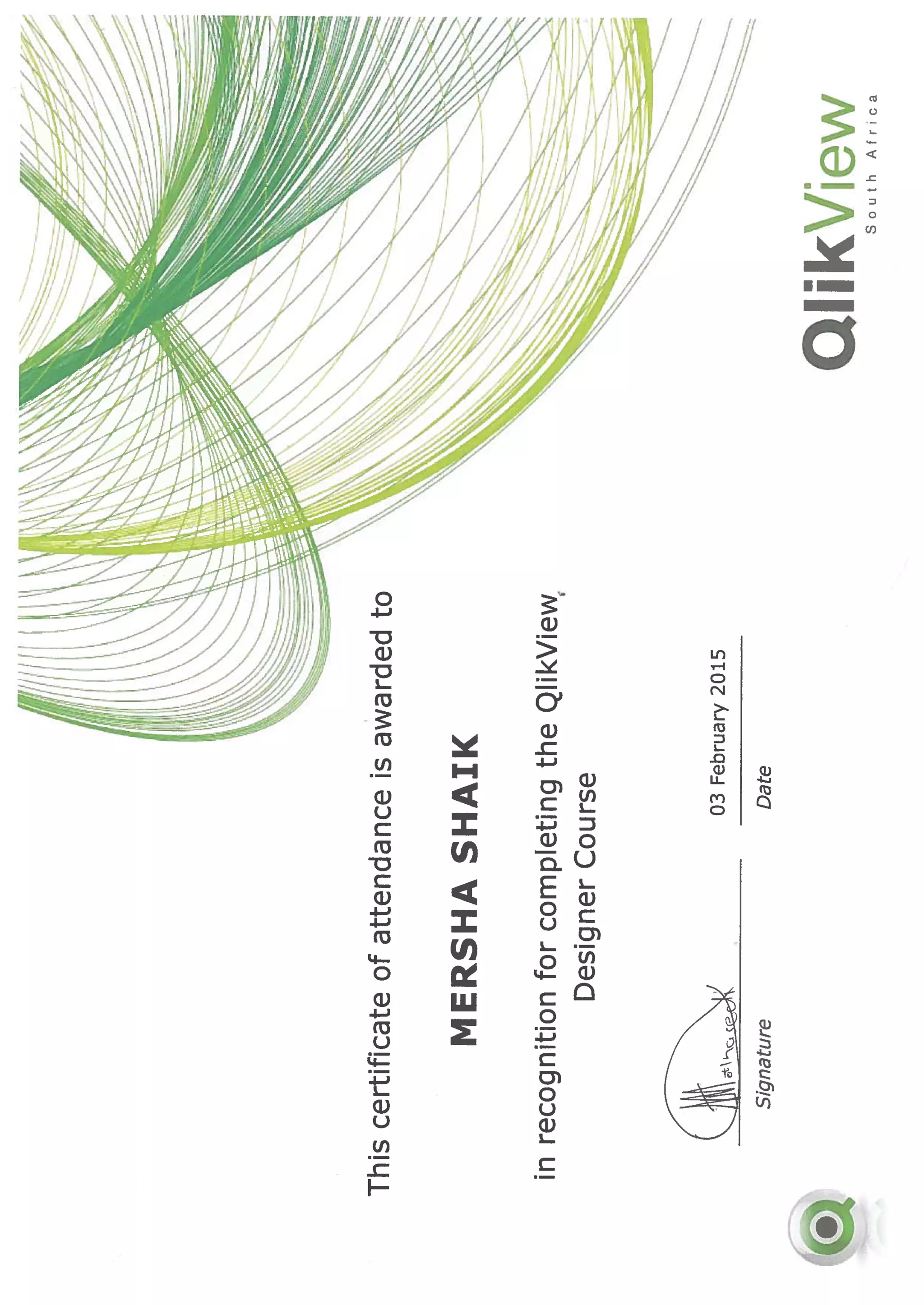 Certificate of Attendance - Qlikview Designer course | PDF