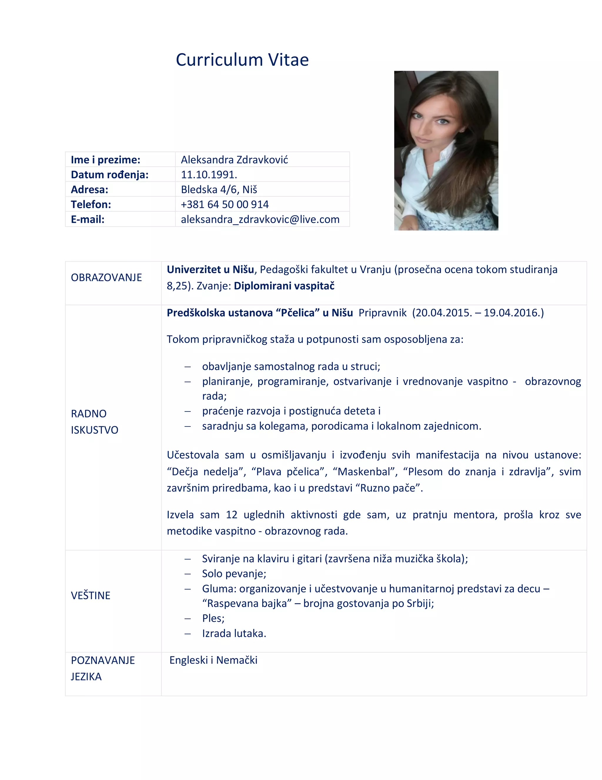CV Aleksandra Zdravkovic | PDF