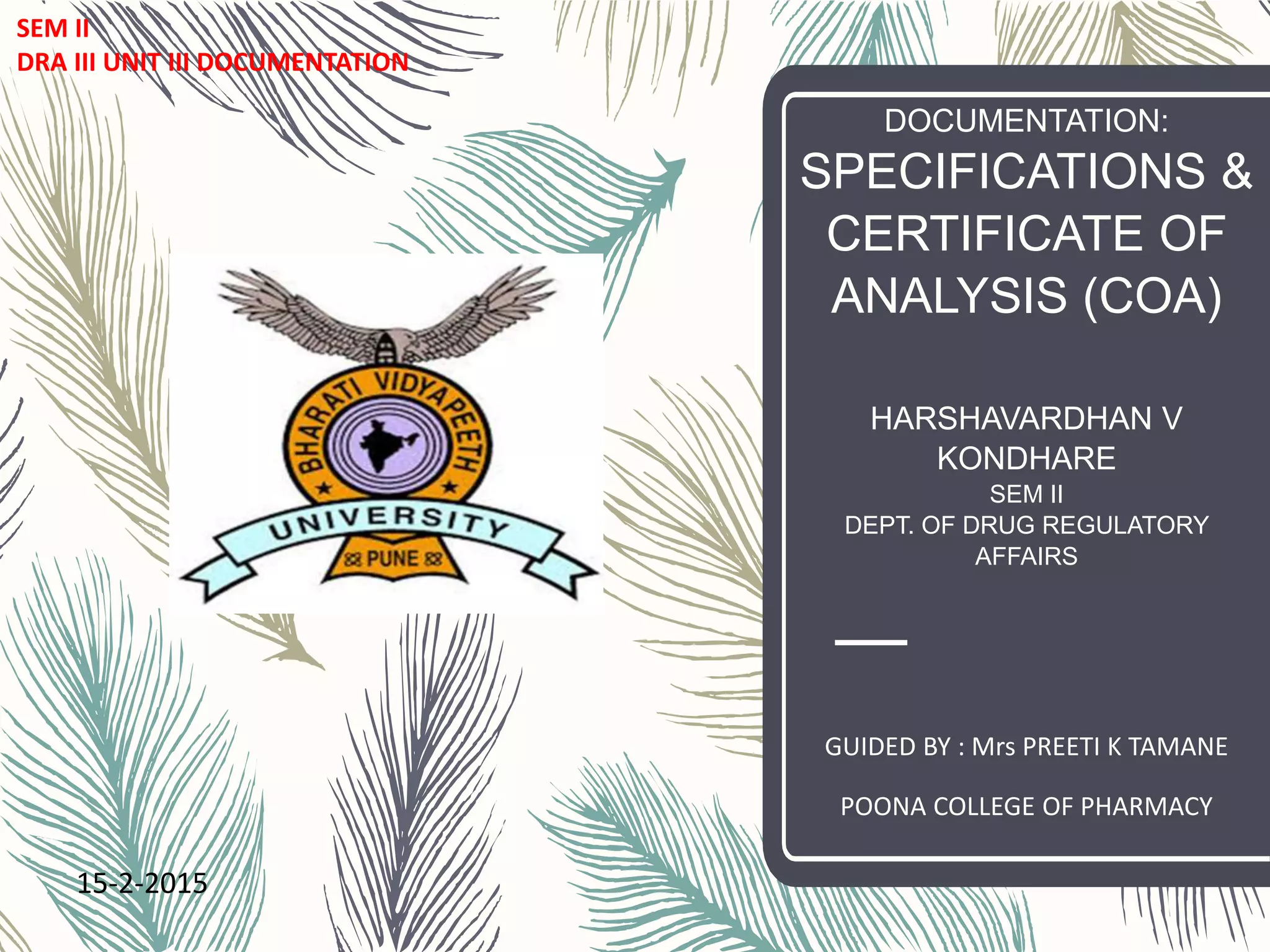 DOCUMENTATION -- CoA & SPECIFICATIONS | PPTX