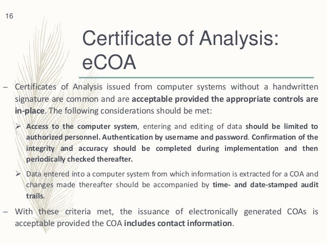 DOCUMENTATION -- CoA & SPECIFICATIONS
