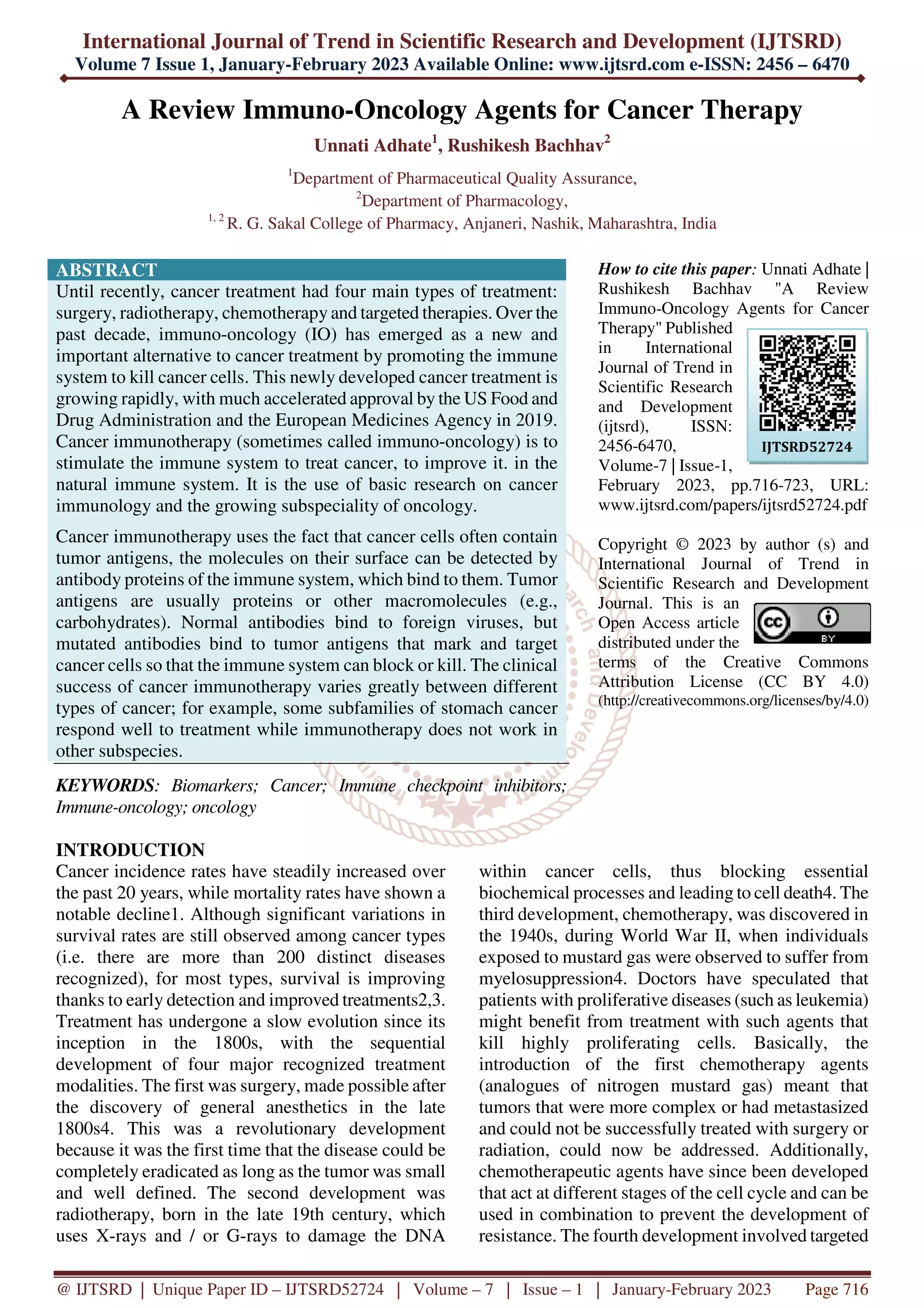 A Review Immuno Oncology Agents for Cancer Therapy | PDF