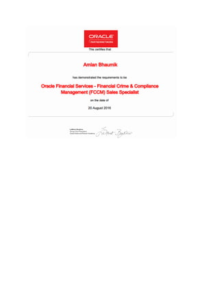 ORACLE FCCM Certificate | PDF