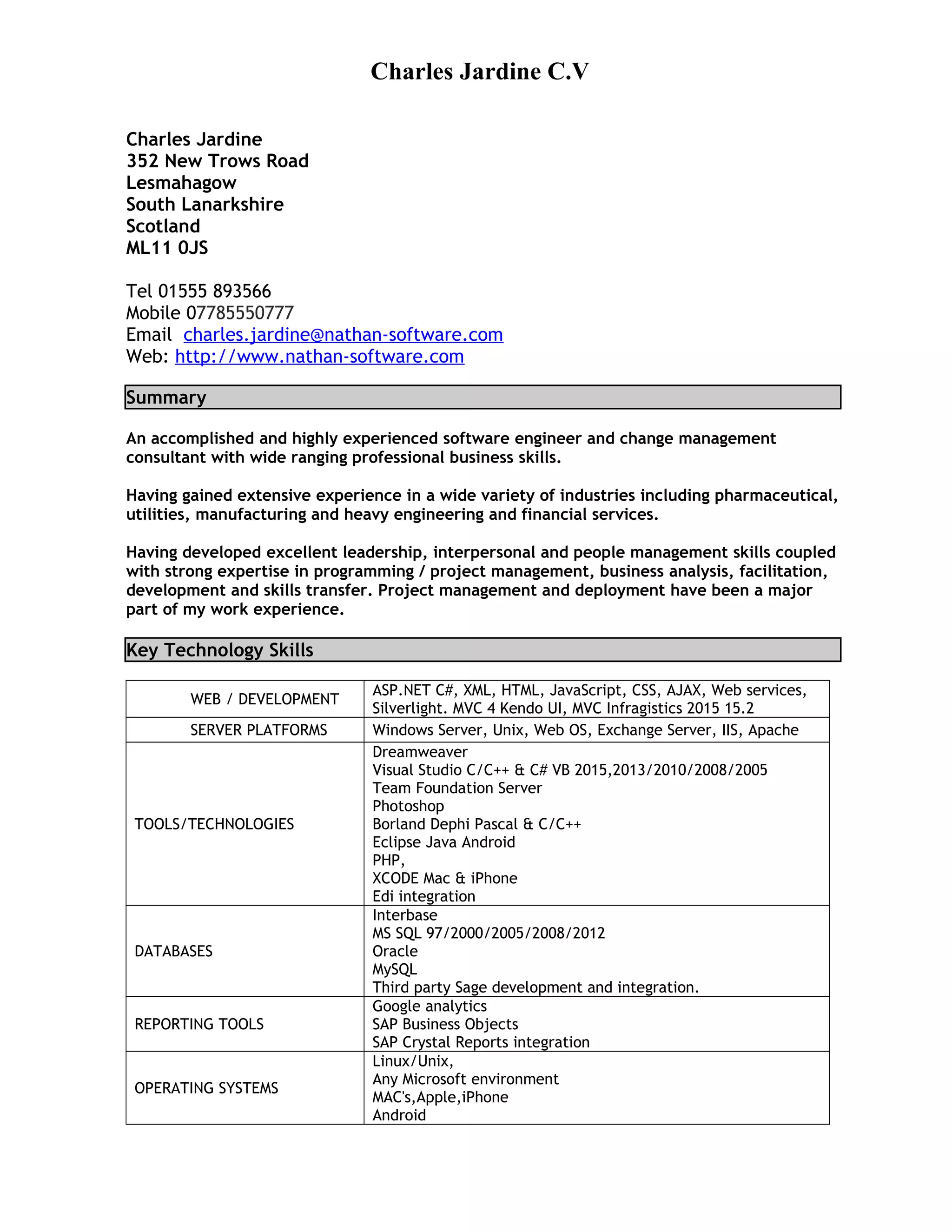 Charles Jardine CV reduced v21 | DOC | Operating Systems | Computer Software and Applications